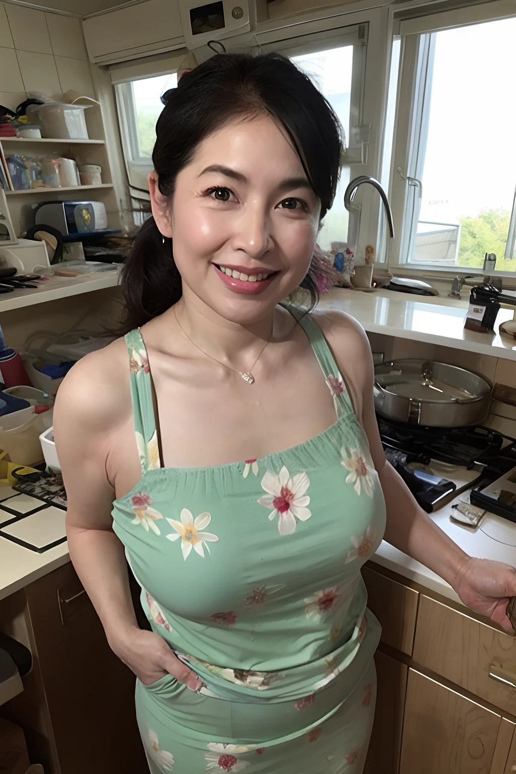 There is a woman standing in a kitchen holding a pan - SeaArt AI