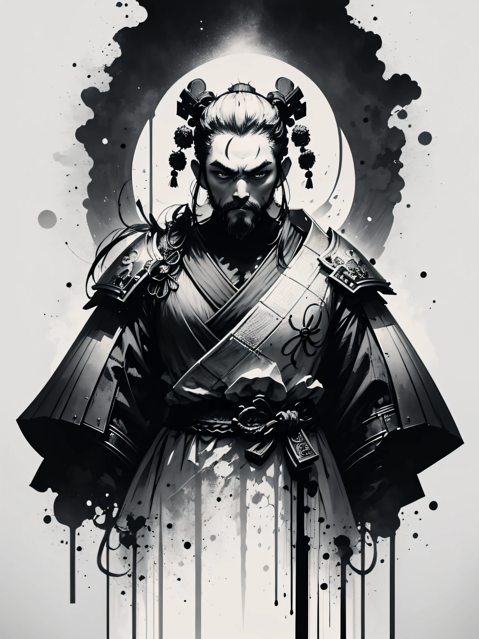 A black and white illustration of a samurai with a moon in the ...