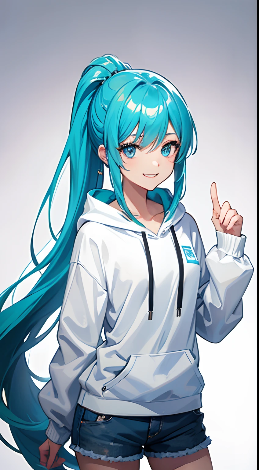 Anime girl with blue hair and blue eyes pointing at something - SeaArt AI