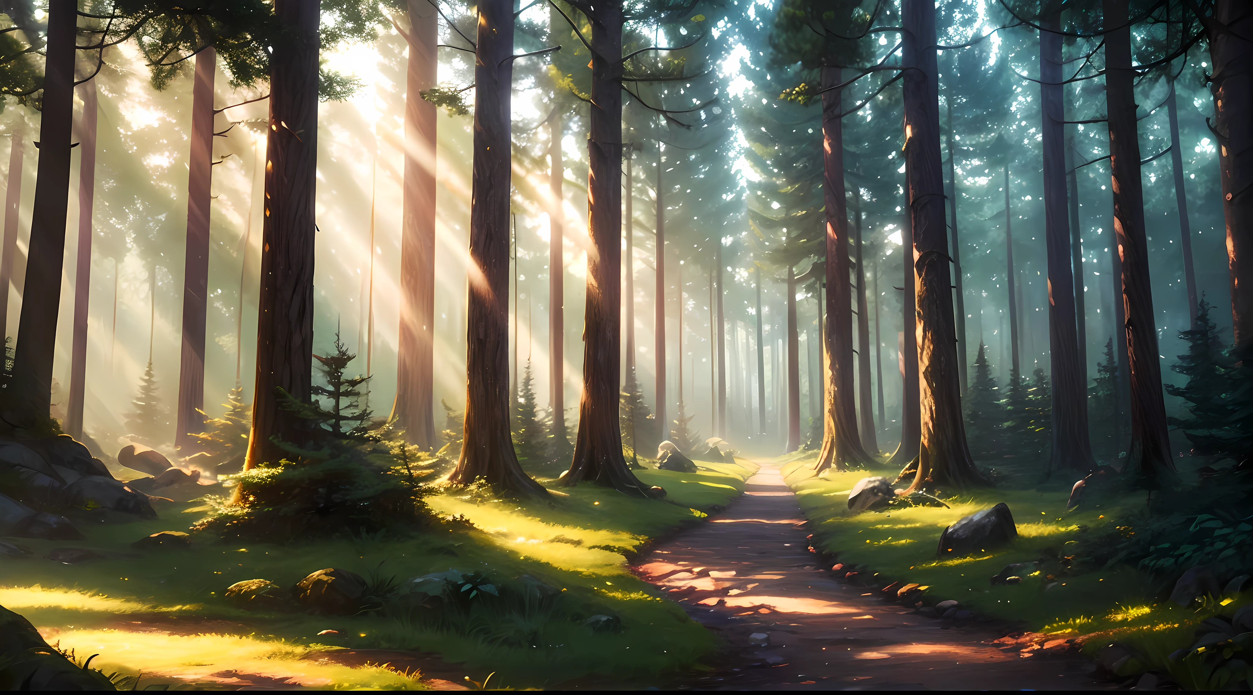 A close up of a path in a forest with trees - SeaArt AI