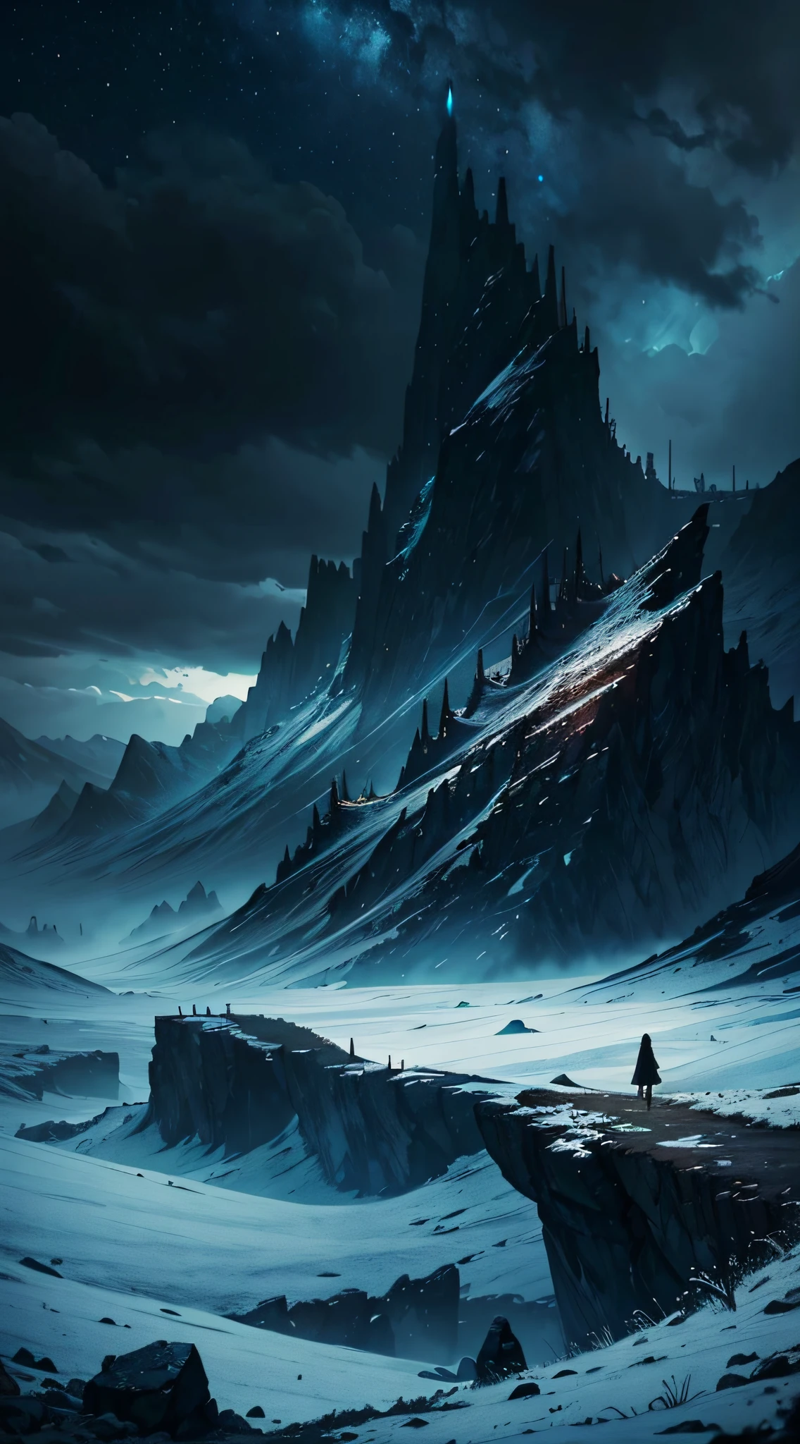 A man standing on a cliff in the middle of a snowy mountain - SeaArt AI