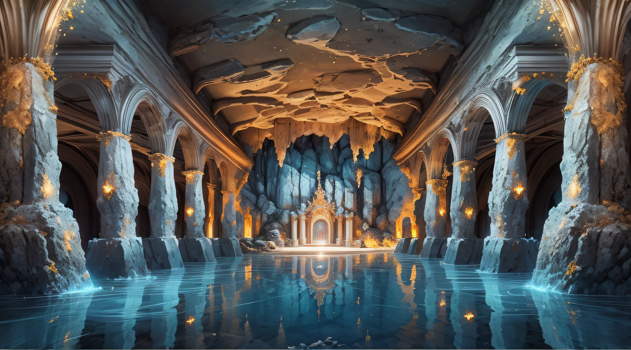 A large room with a fountain and a waterfall in it - SeaArt AI