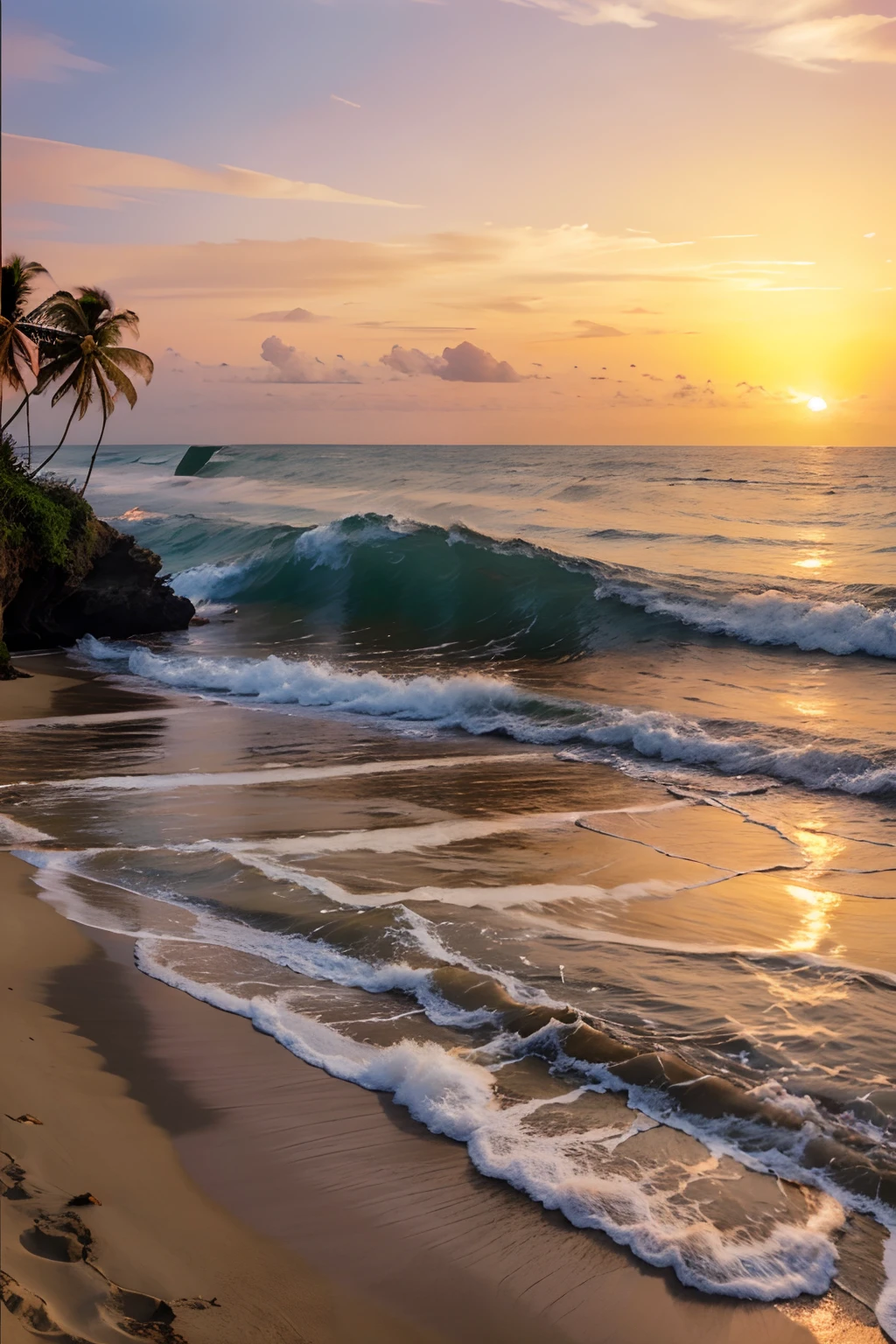 Sunset on a beach with waves and palm trees - SeaArt AI