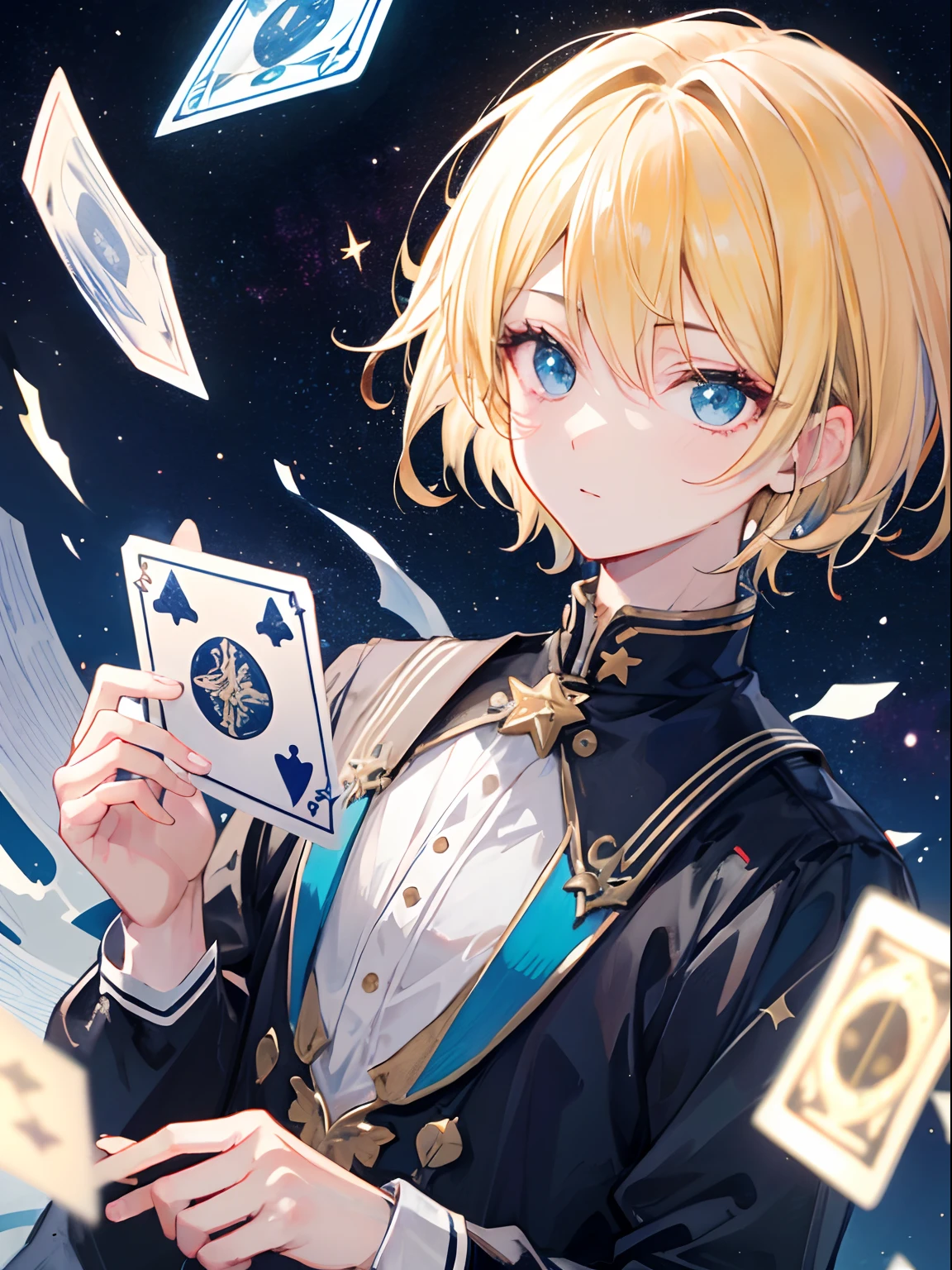 Anime girl holding a deck of cards in front of a background of flying ...