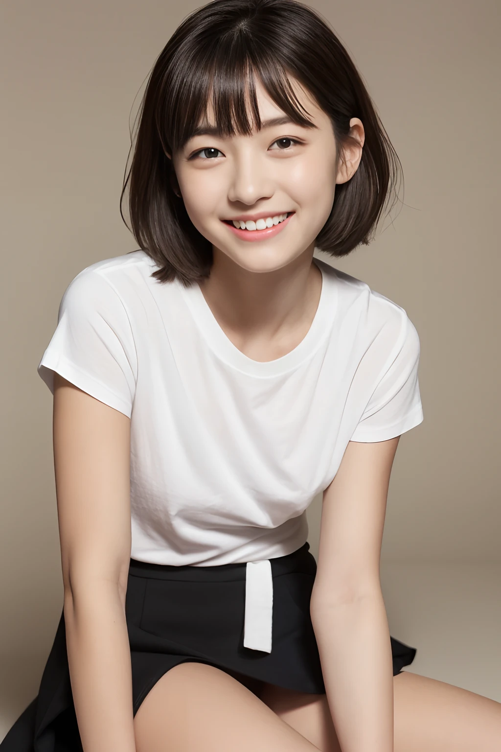 A close up of a woman sitting on a floor wearing a white shirt - SeaArt AI