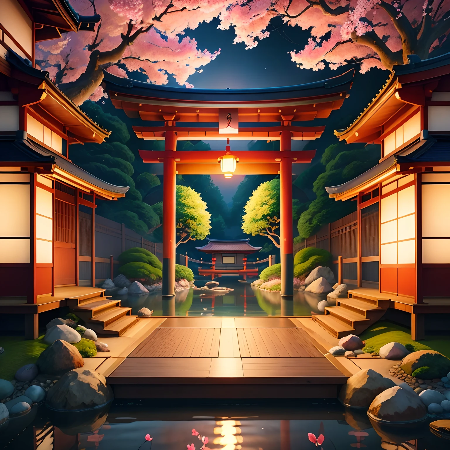 A painting of a japanese style building with a pond and trees - SeaArt AI