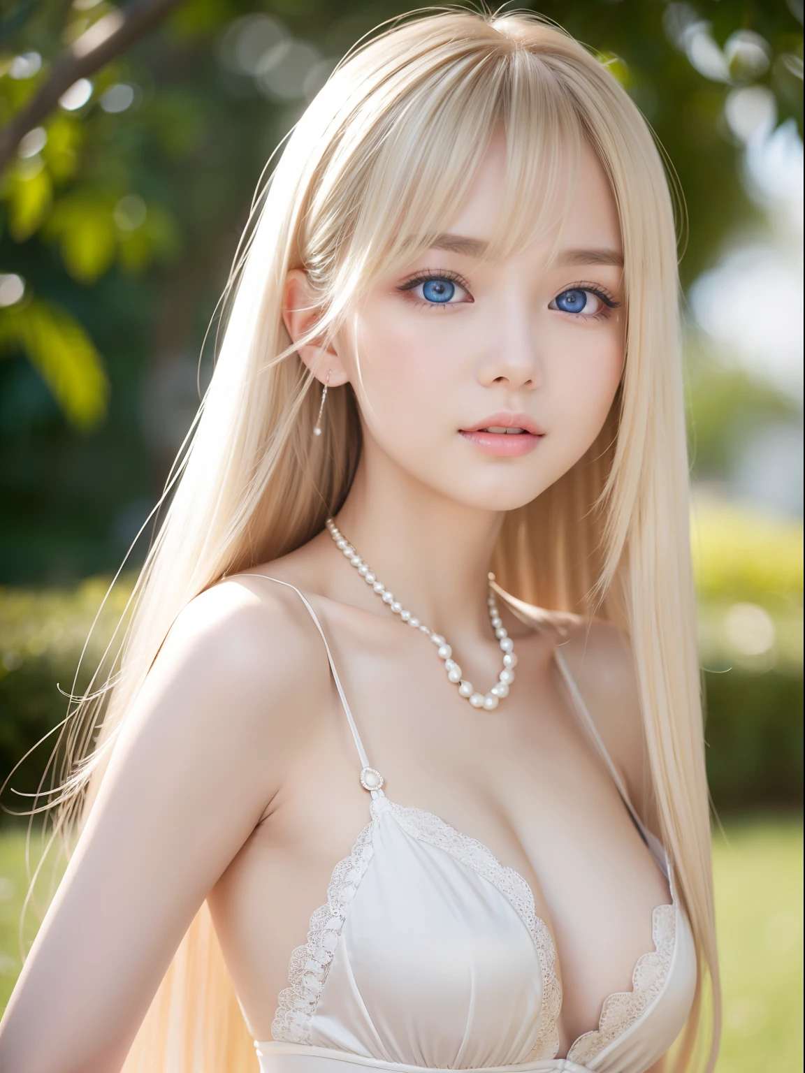 A close up of a woman with long blonde hair wearing a white dress - SeaArt AI