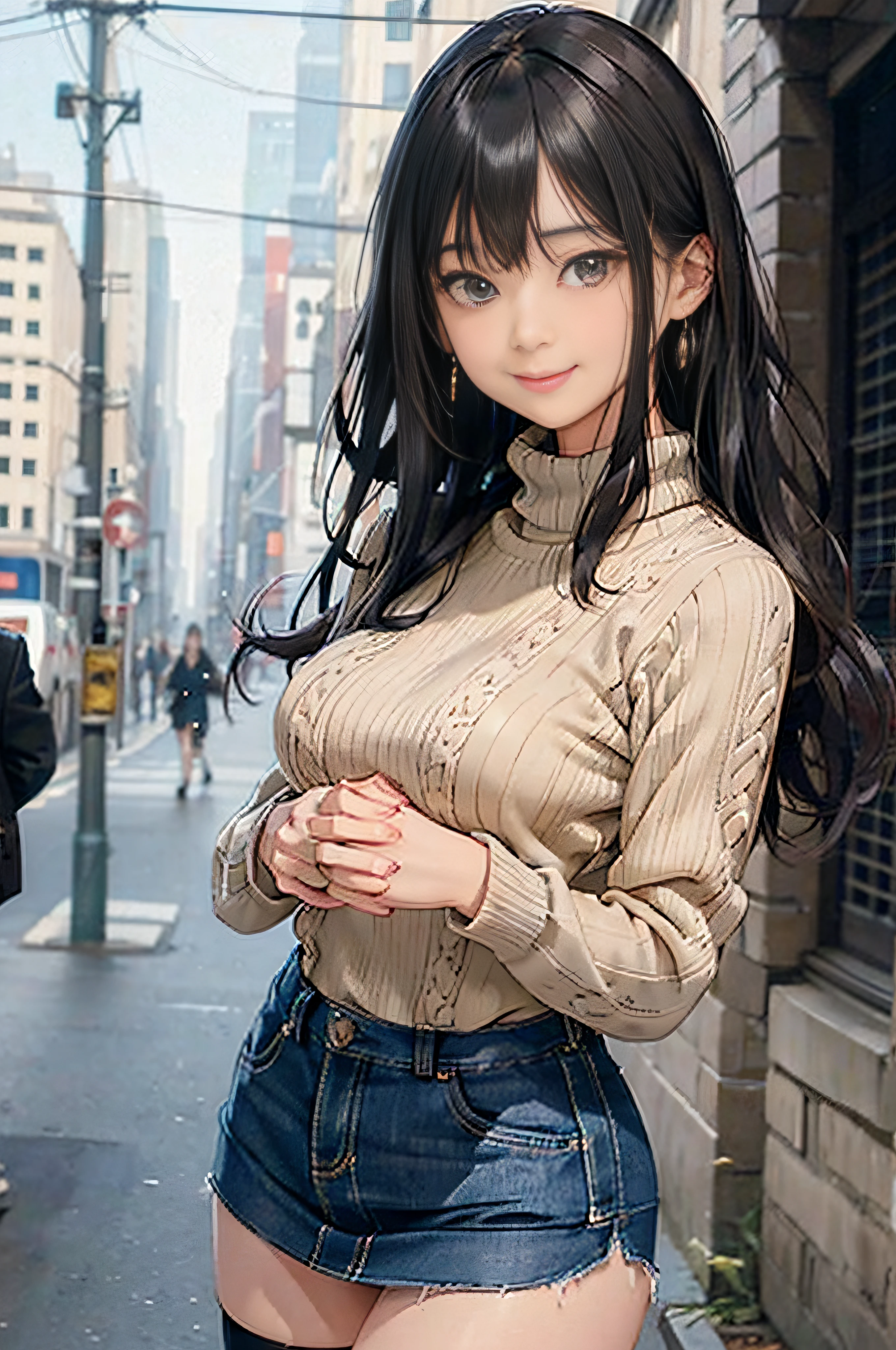 A close up of a woman in a short skirt on a city street - SeaArt AI
