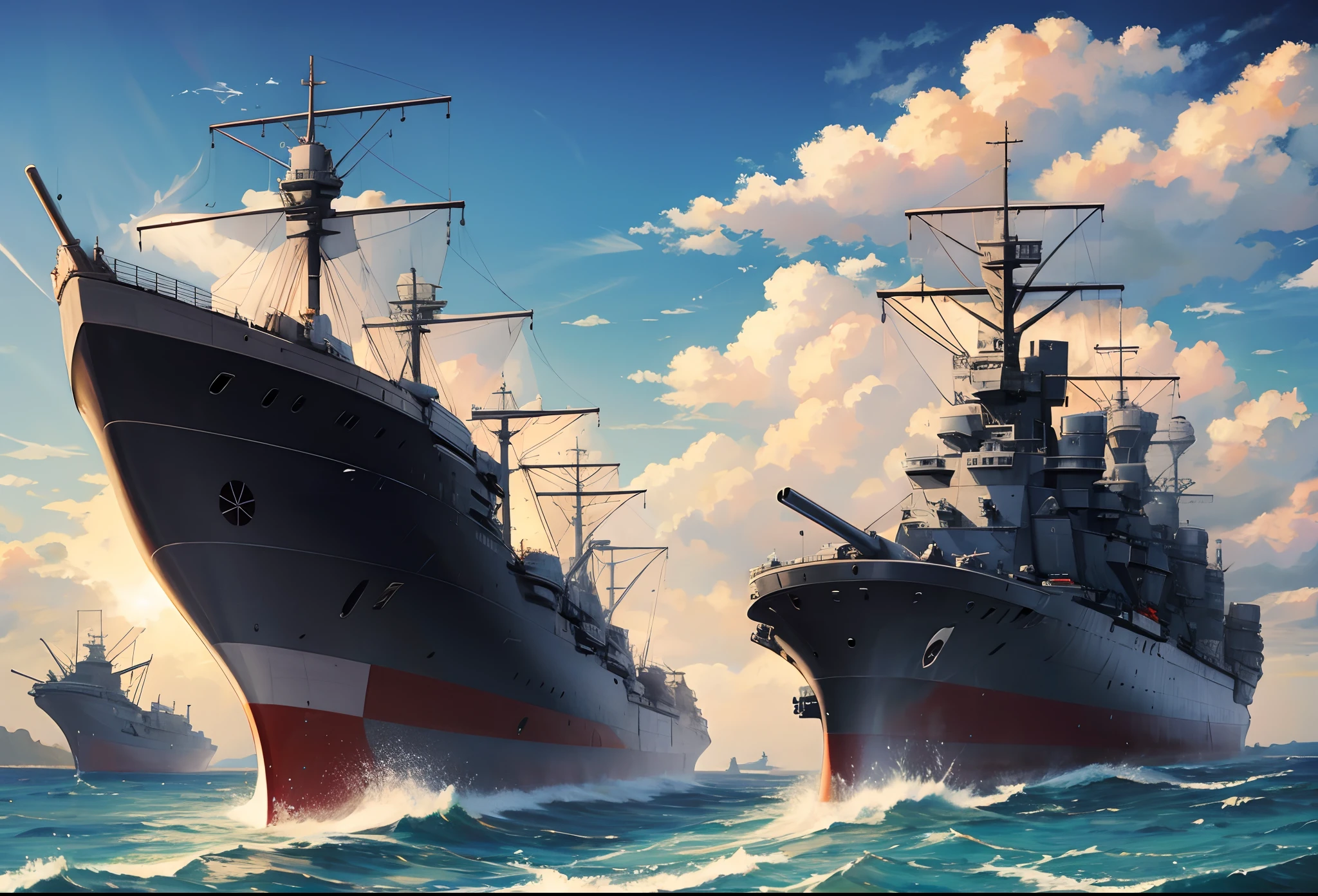 Painting of two ships in the ocean with a sky background - SeaArt AI