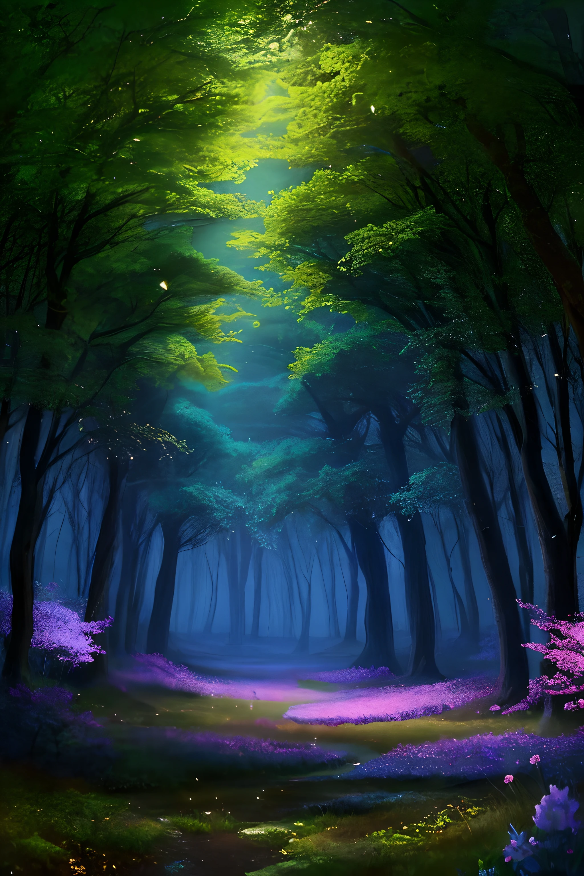 A painting of a forest with purple flowers and trees - SeaArt AI
