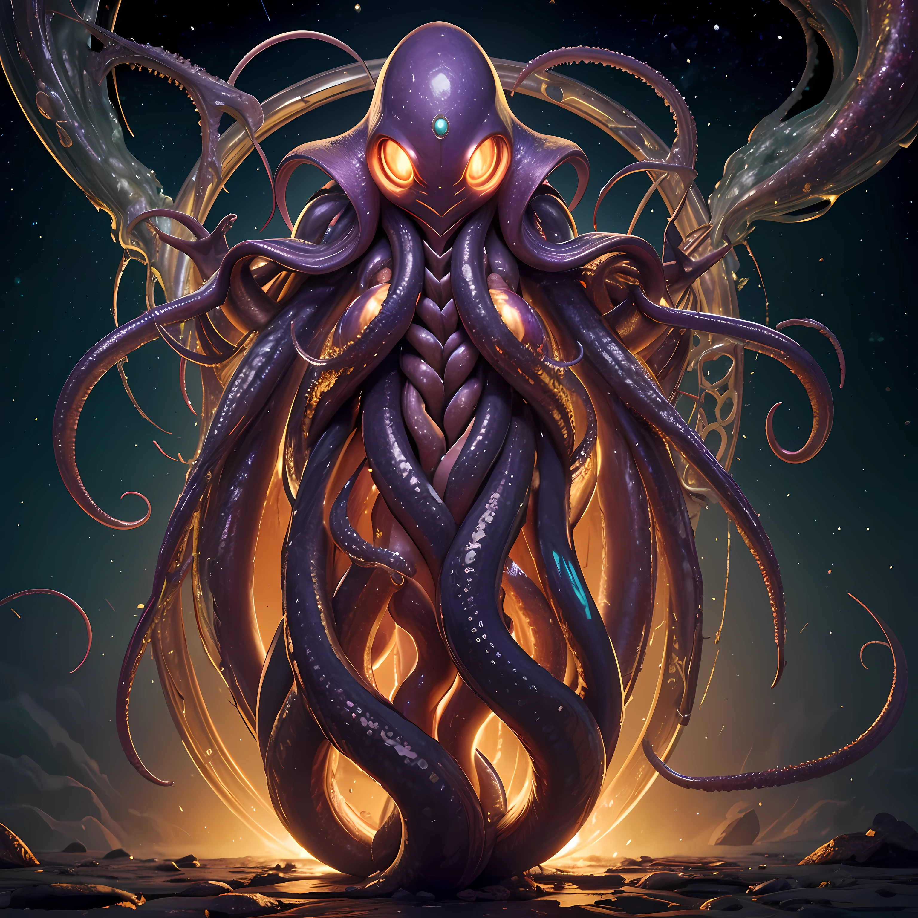 A close up of a giant octopus with glowing eyes and tentacles - SeaArt AI