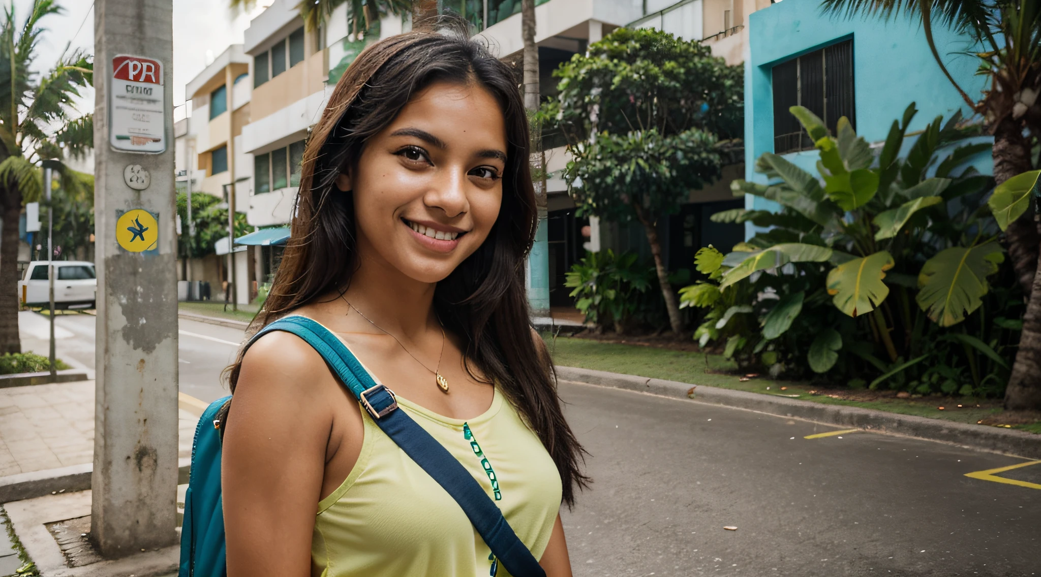Mujer arafed de pie a un lado de la carretera frente a un edificio - SeaArt AI