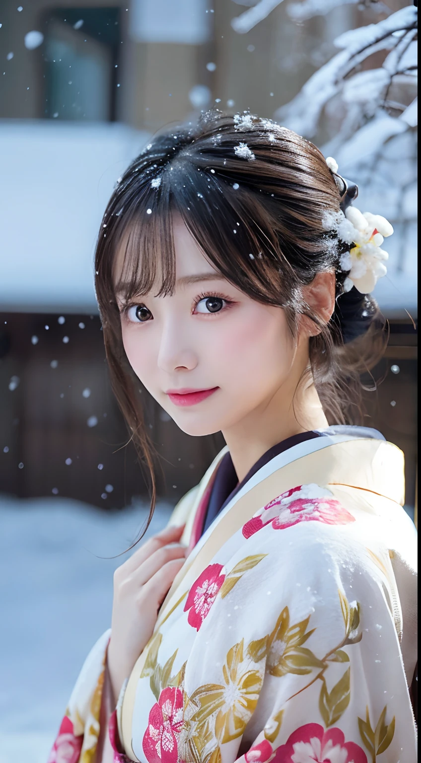 A close up of a woman in a kimono with a snow covered background ...