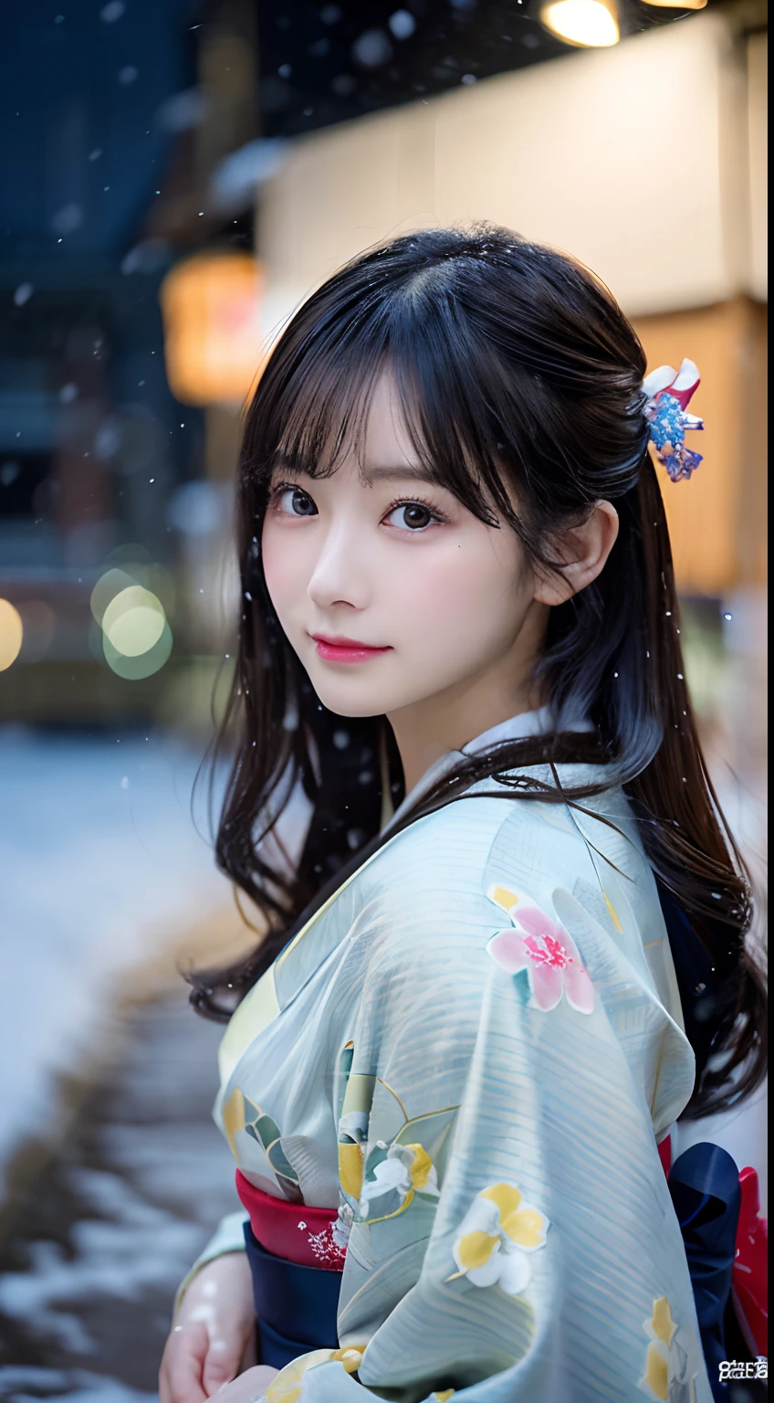 A close up of a woman in a kimono standing in the snow - SeaArt AI