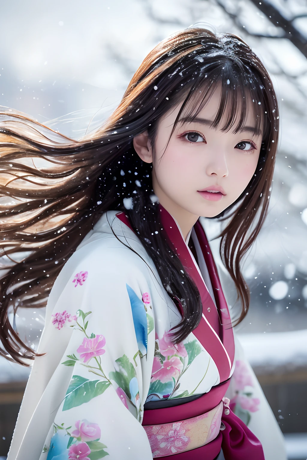 A woman in a kimono is standing in the snow - SeaArt AI