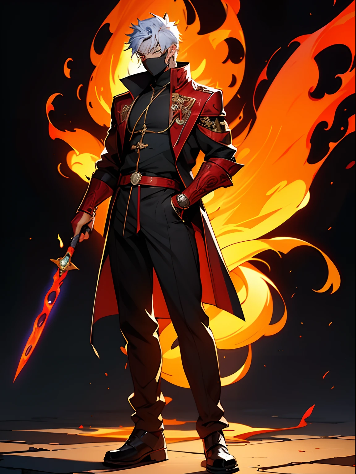 A man in a red coat holding a sword standing in front of a fire - SeaArt AI
