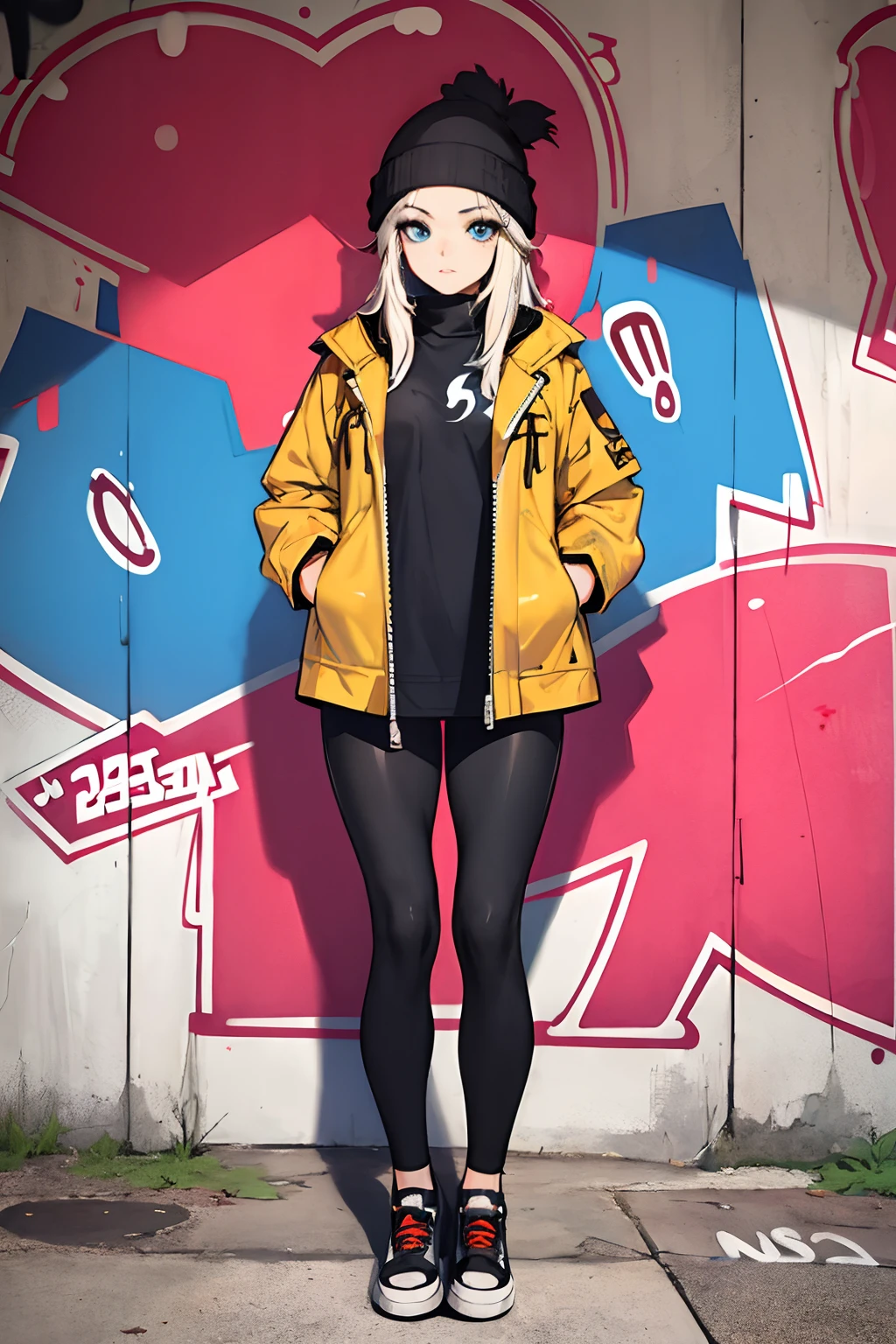 Araffe girl in a yellow jacket and black leggings standing in front of ...