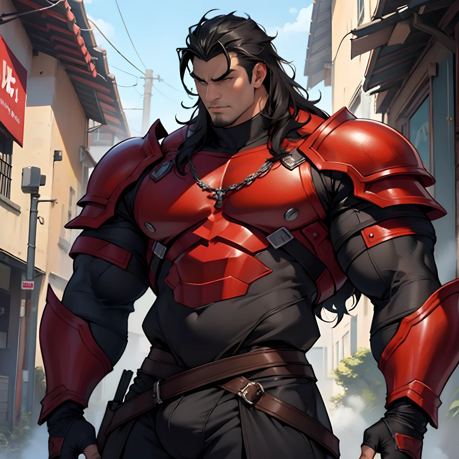 A close up of a man in a red armor suit holding a gun - SeaArt AI