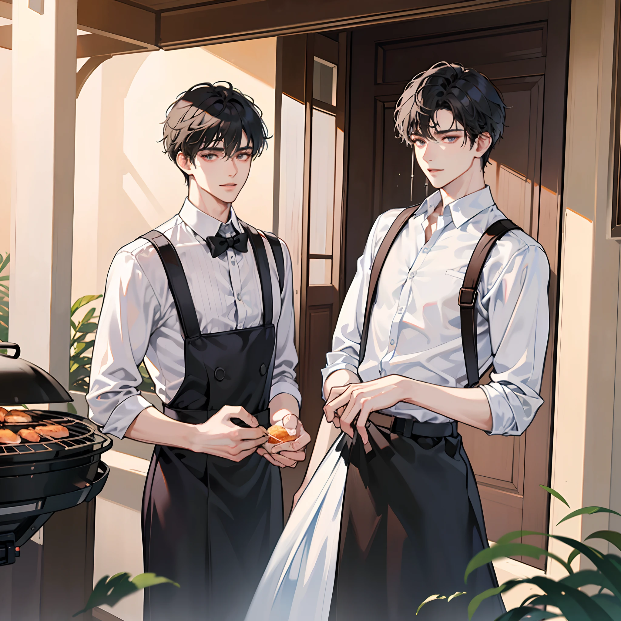 Anime image of two men standing next to a grill with food - SeaArt AI