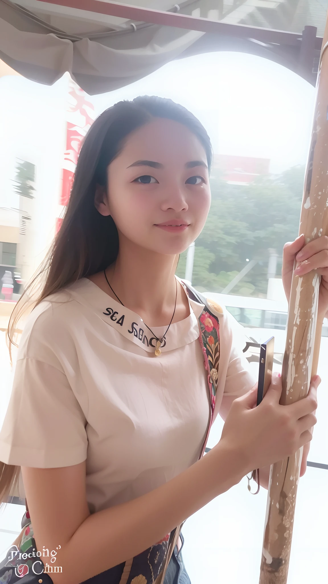 A close up of a woman holding a pole in a parking lot - SeaArt AI