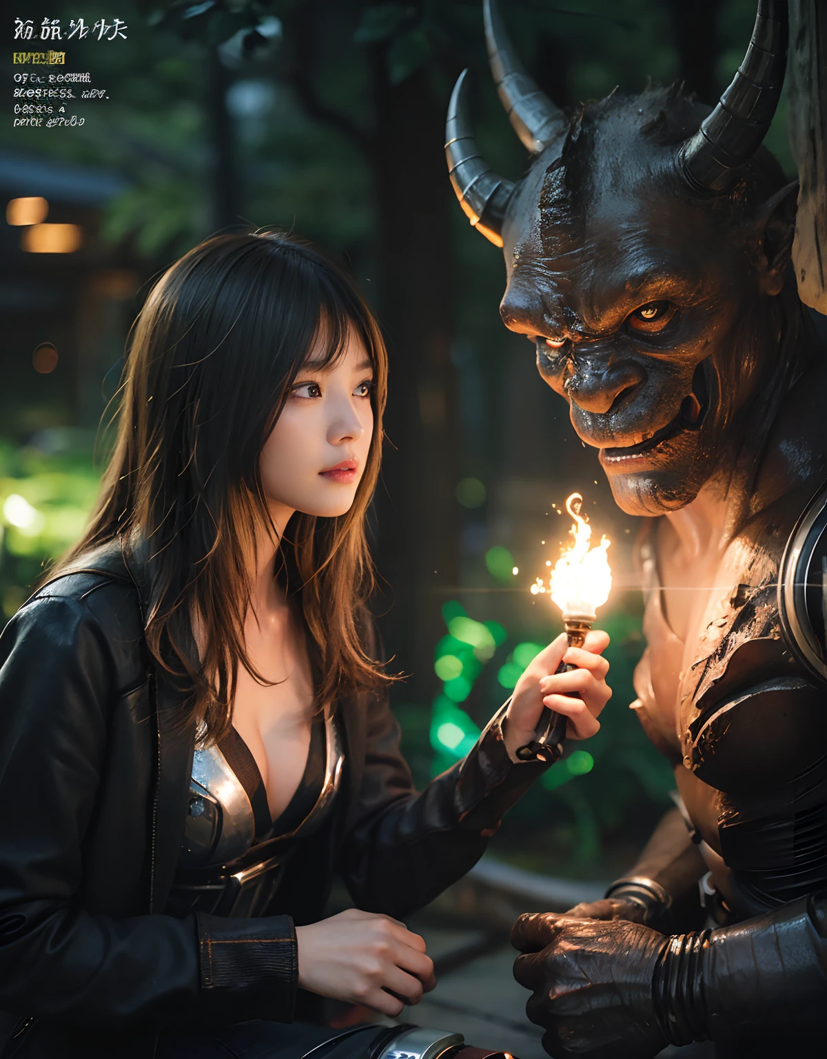 Arafed woman holding a lit match with a demon statue - SeaArt AI