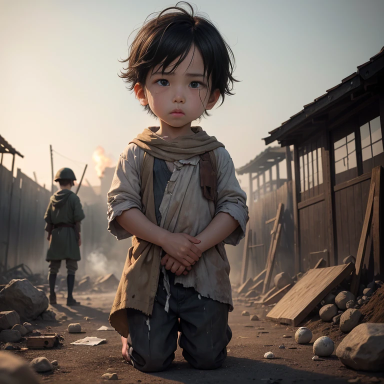 A little boy in rags，Throw stones hard，weeping，Kneel，wounded - SeaArt AI