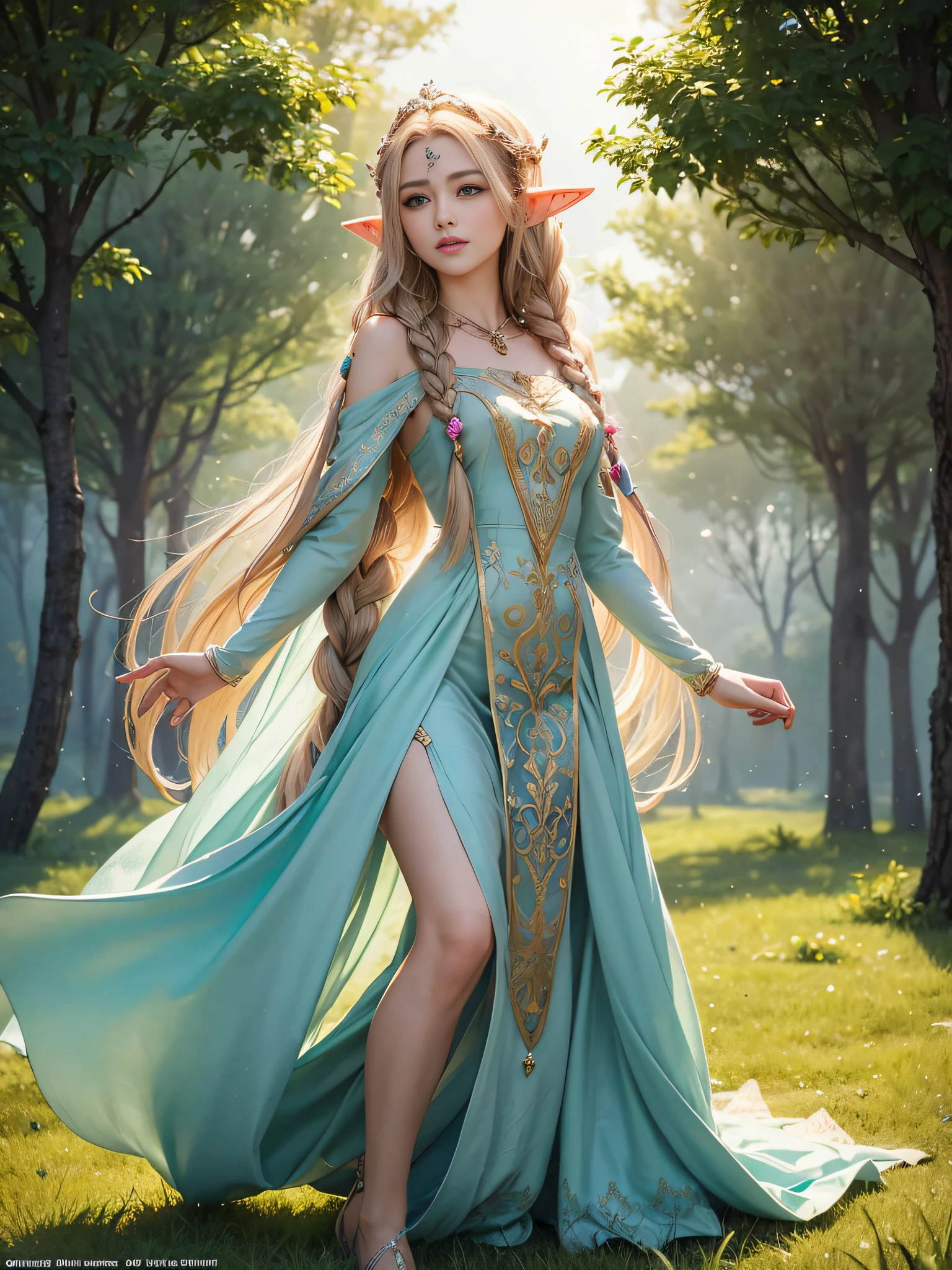 A woman in a blue dress is standing in the grass - SeaArt AI