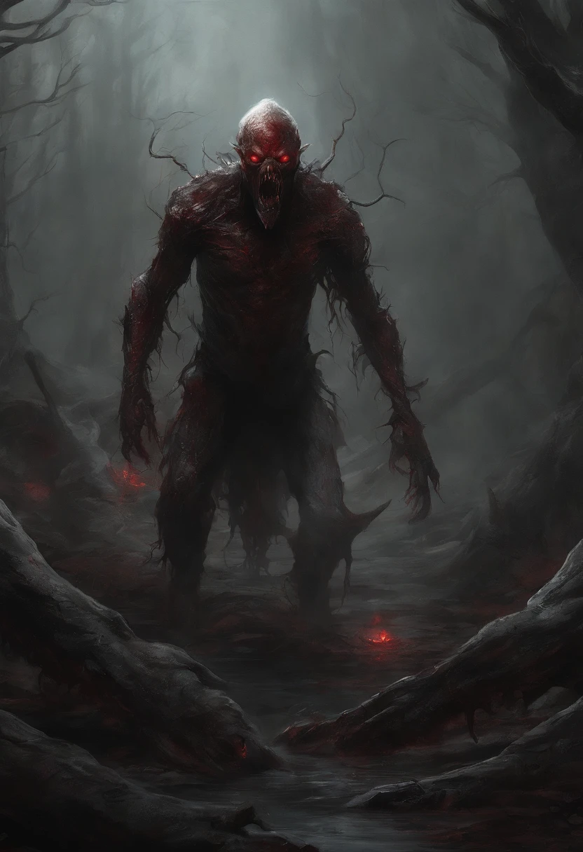 A creepy looking creature in the woods with red eyes - SeaArt AI
