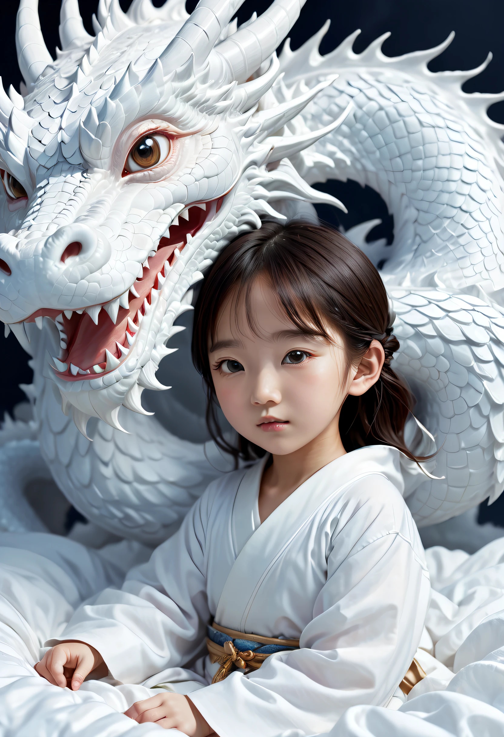 Arafed asian girl in kimono sitting next to a white dragon statue ...
