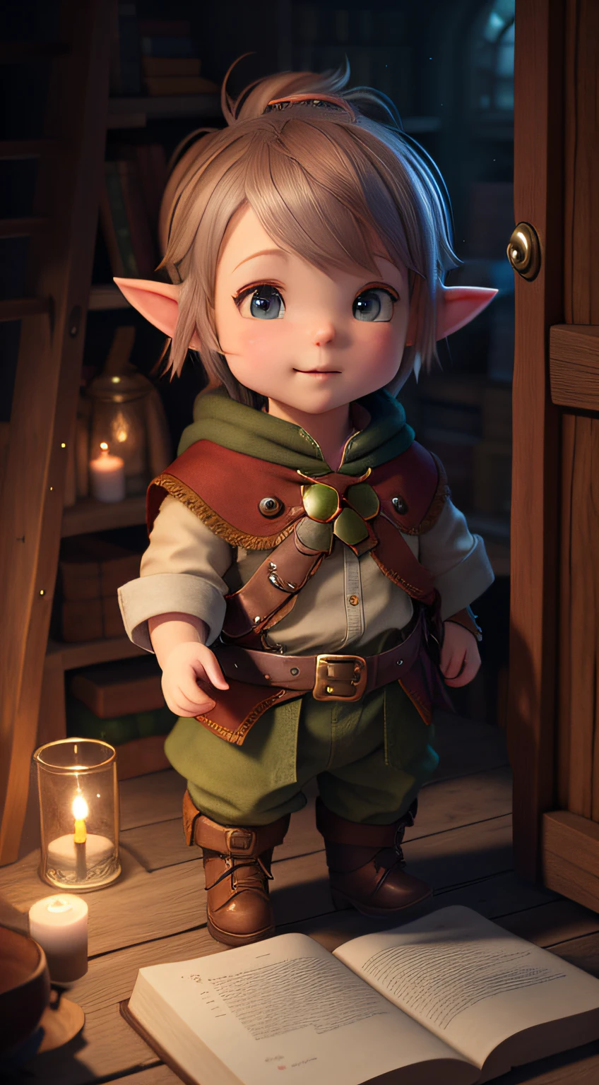 A cartoon image of a little elf standing in front of a book - SeaArt AI