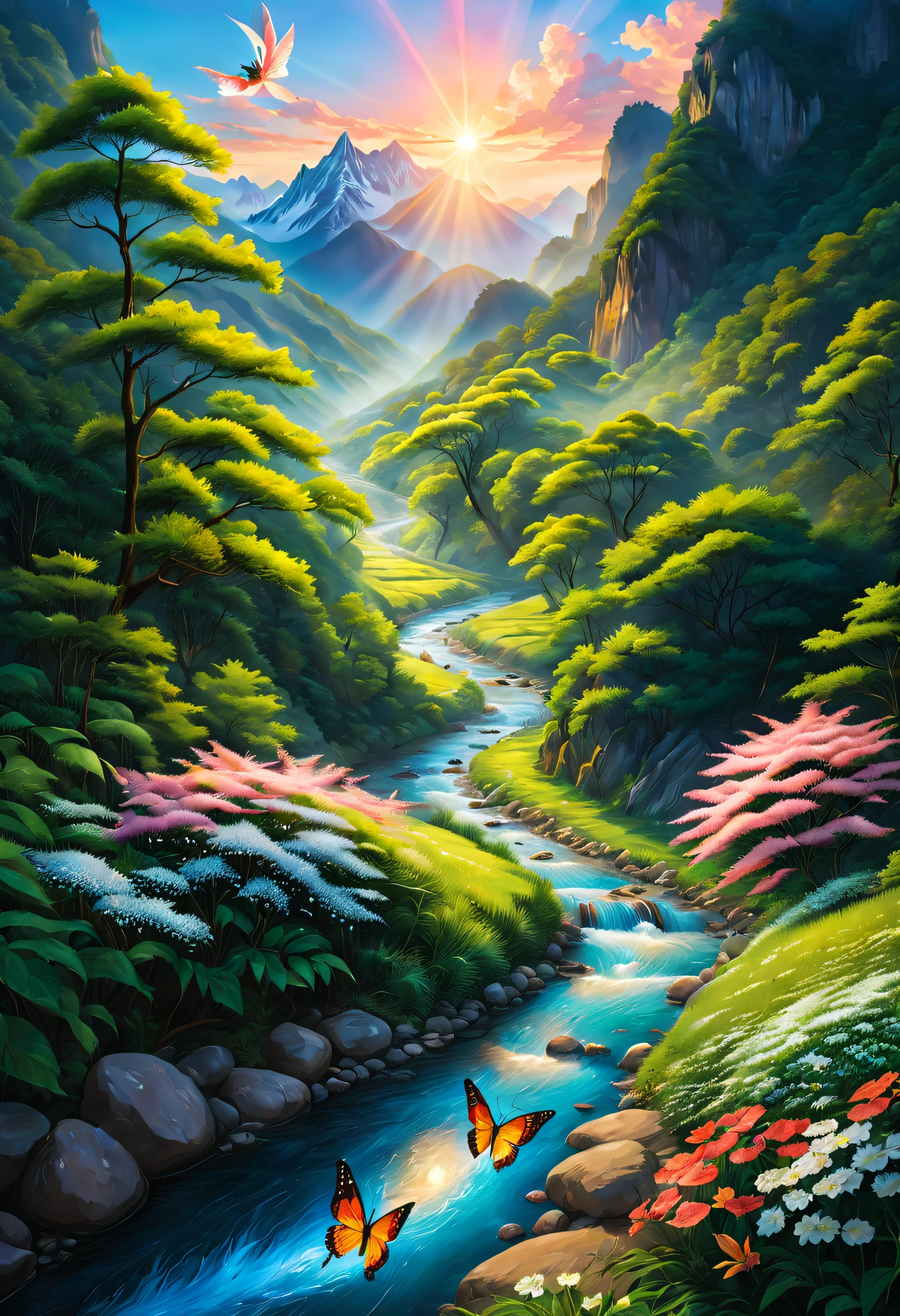 A painting of a mountain stream with butterflies flying over it - SeaArt AI