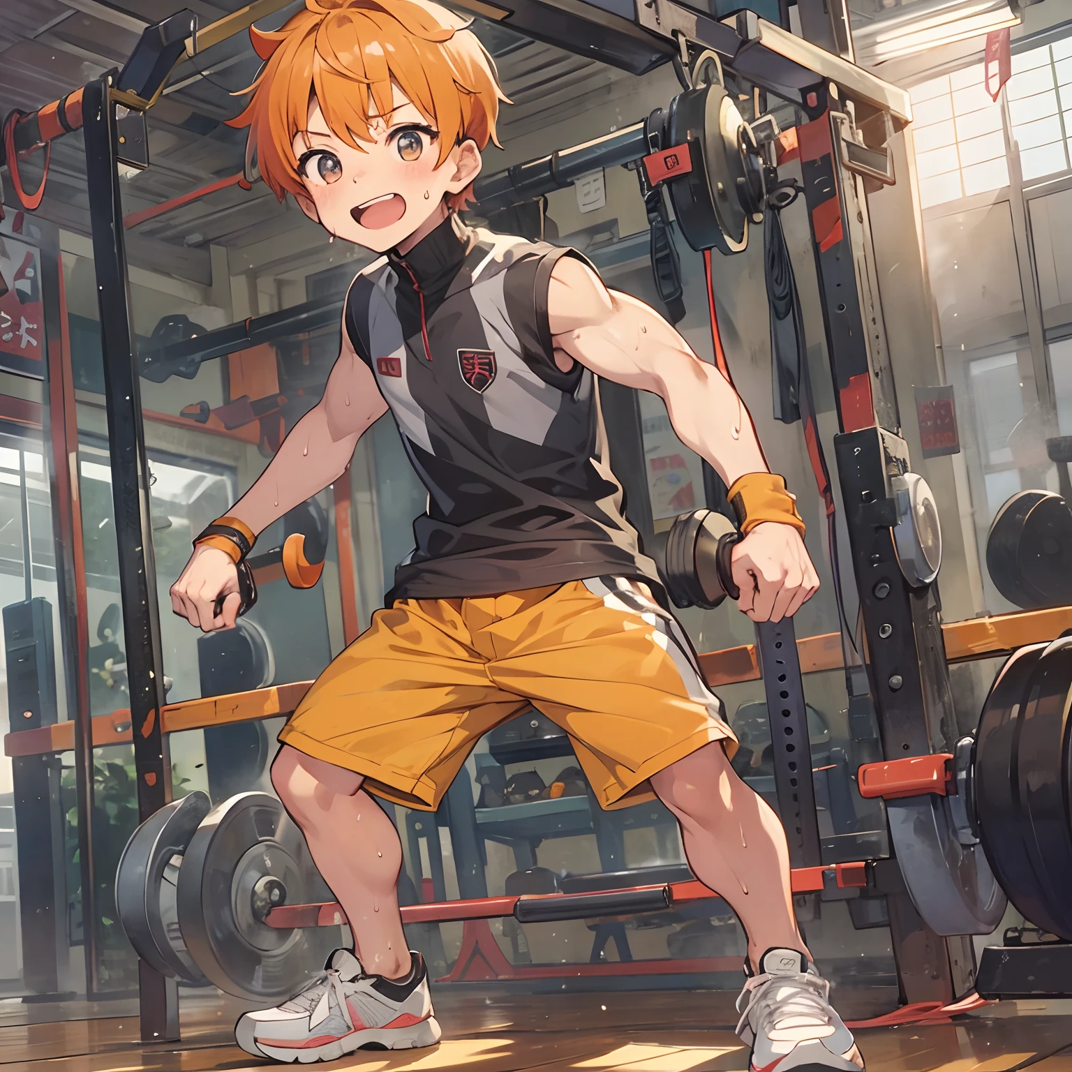 Anime boy in a gym with a barbell in his hand - SeaArt AI