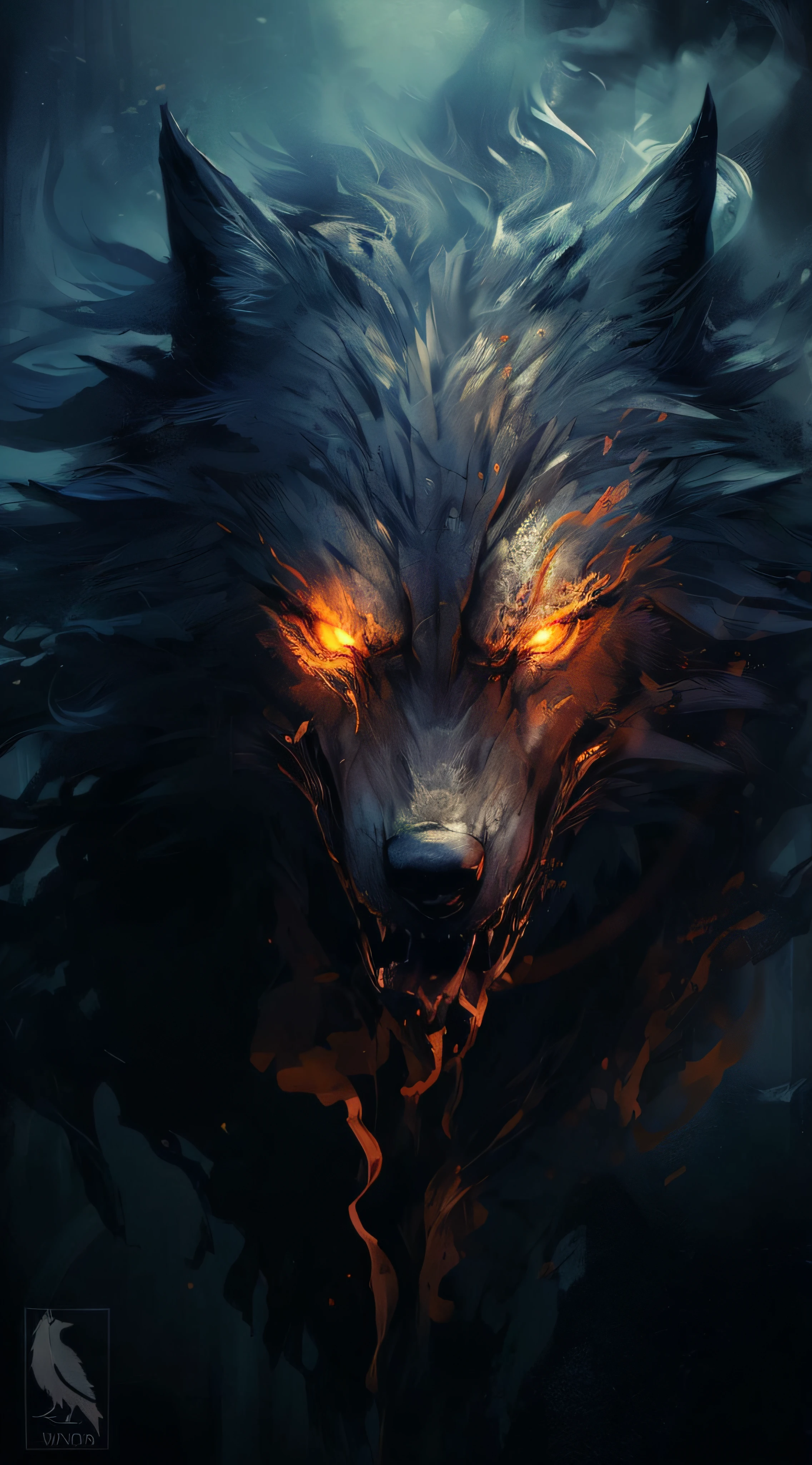 A digital painting of a wolf with glowing eyes and a dark background ...