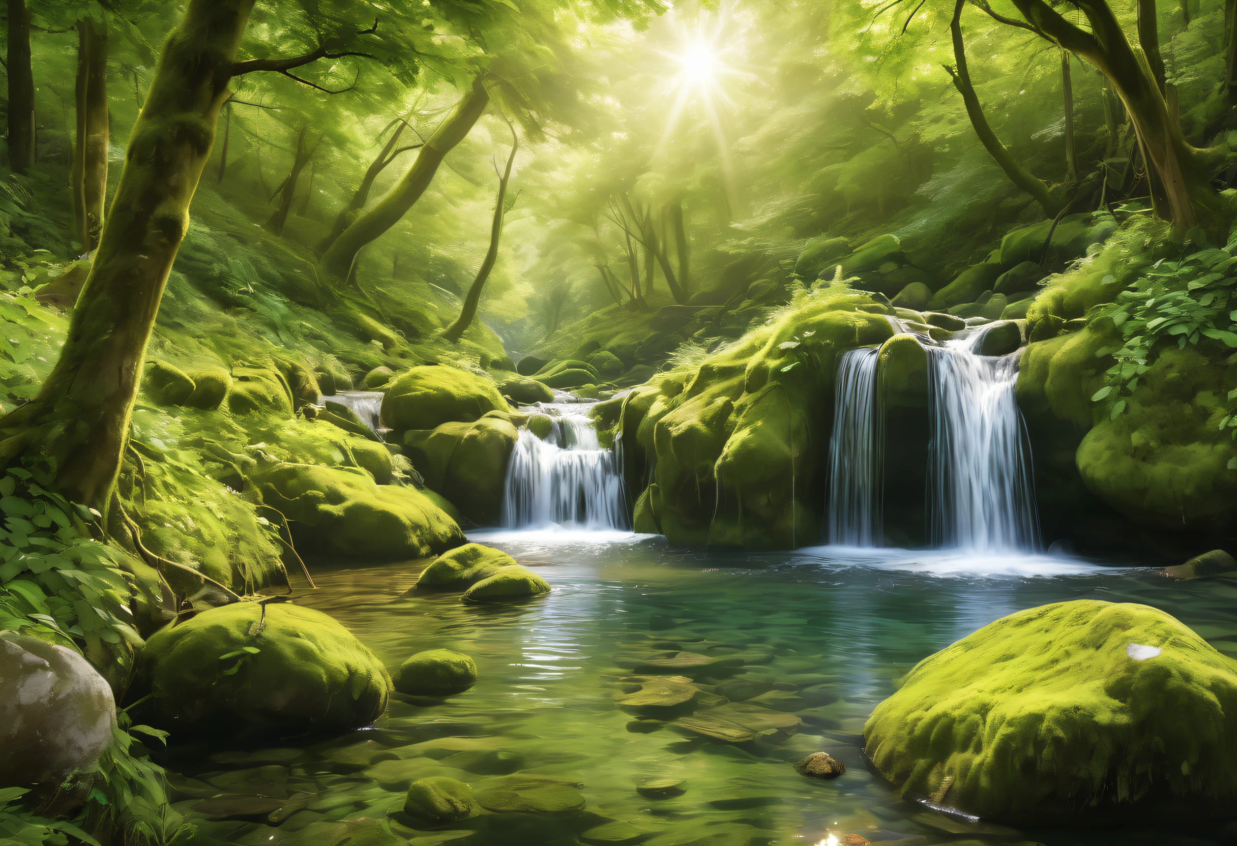 A close up of a stream in a forest with rocks and trees - SeaArt AI