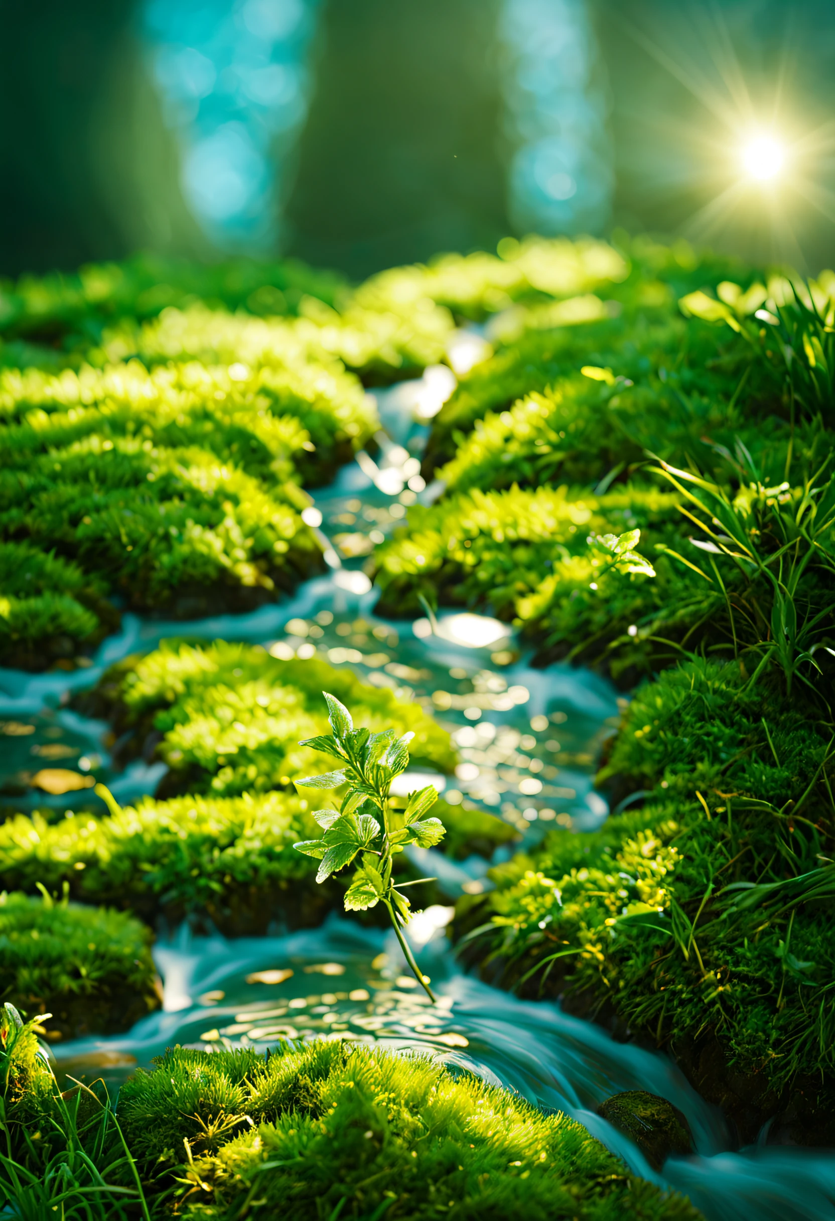 A close up of a stream of water running through a lush green forest ...