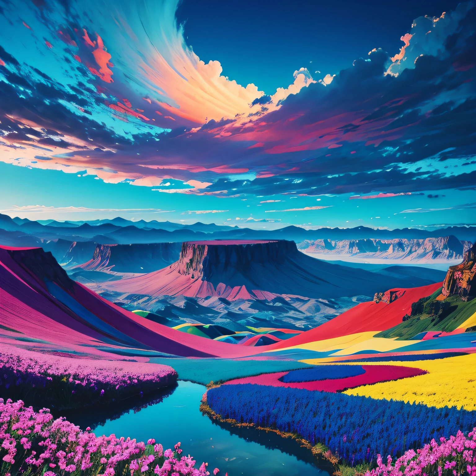 A painting of a colorful landscape with mountains and flowers - SeaArt AI