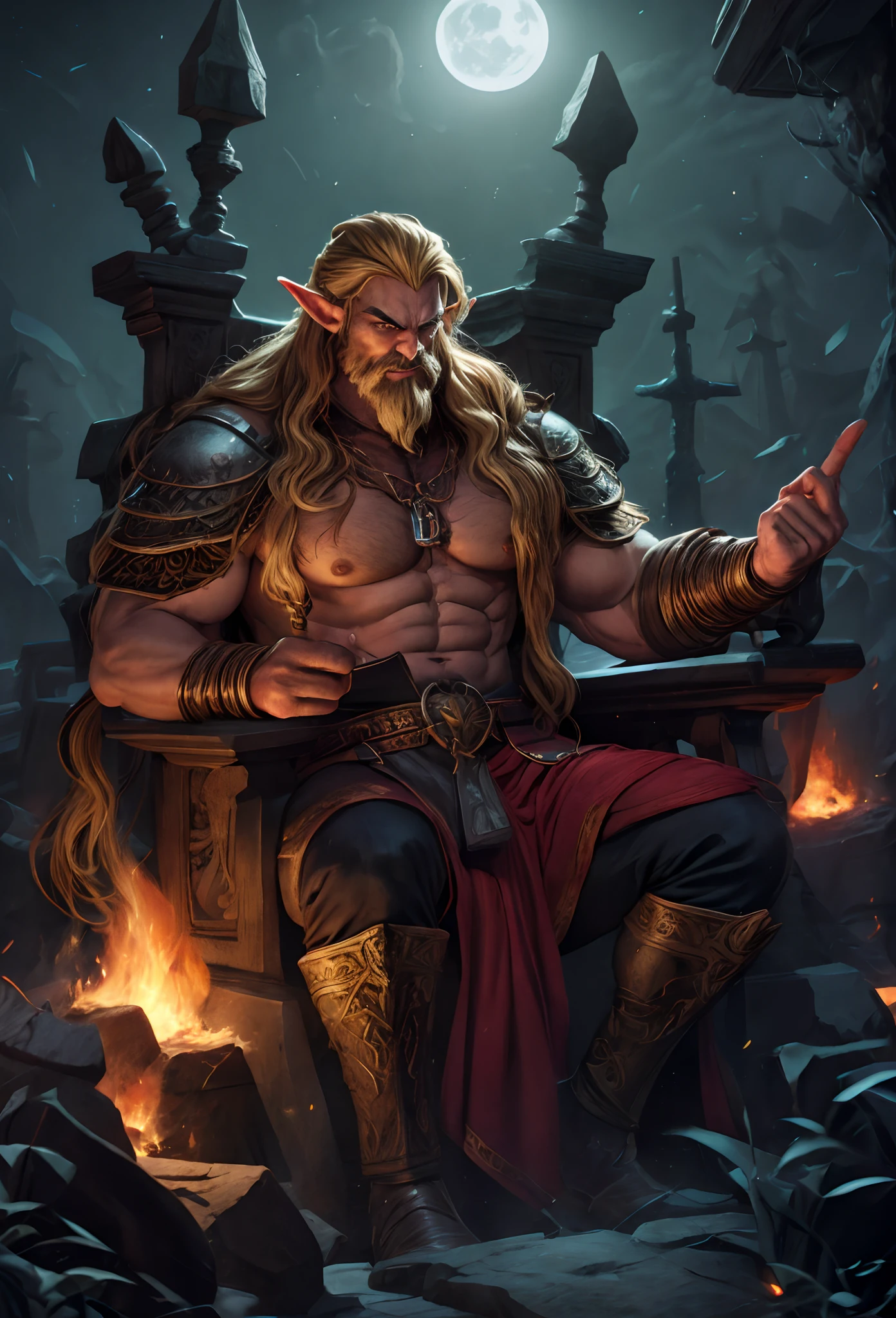 A man with long hair sitting on a throne in front of a full moon ...