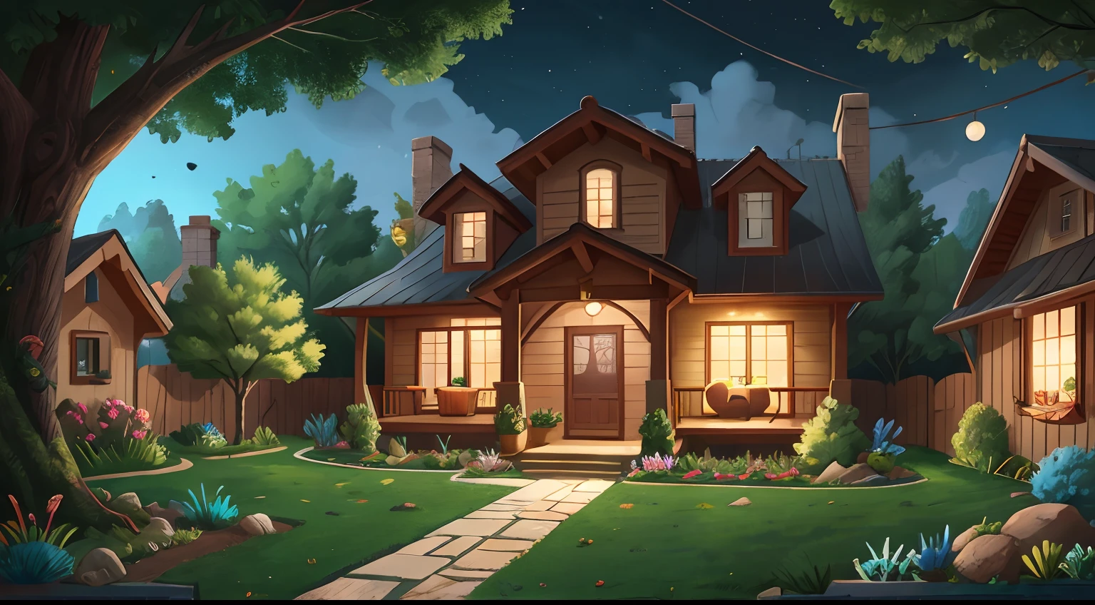 Cartoon house in the night with a pathway leading to the front door ...