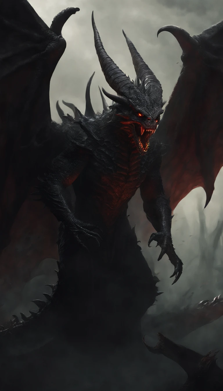 A close up of a demonic creature with red eyes and a large black dragon ...