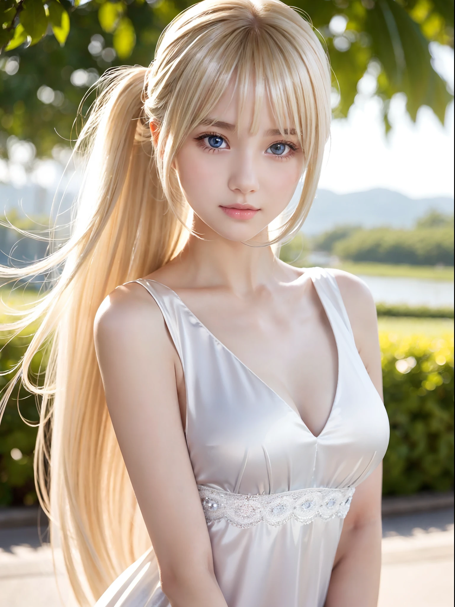 A close up of a woman with long blonde hair wearing a white dress - SeaArt AI