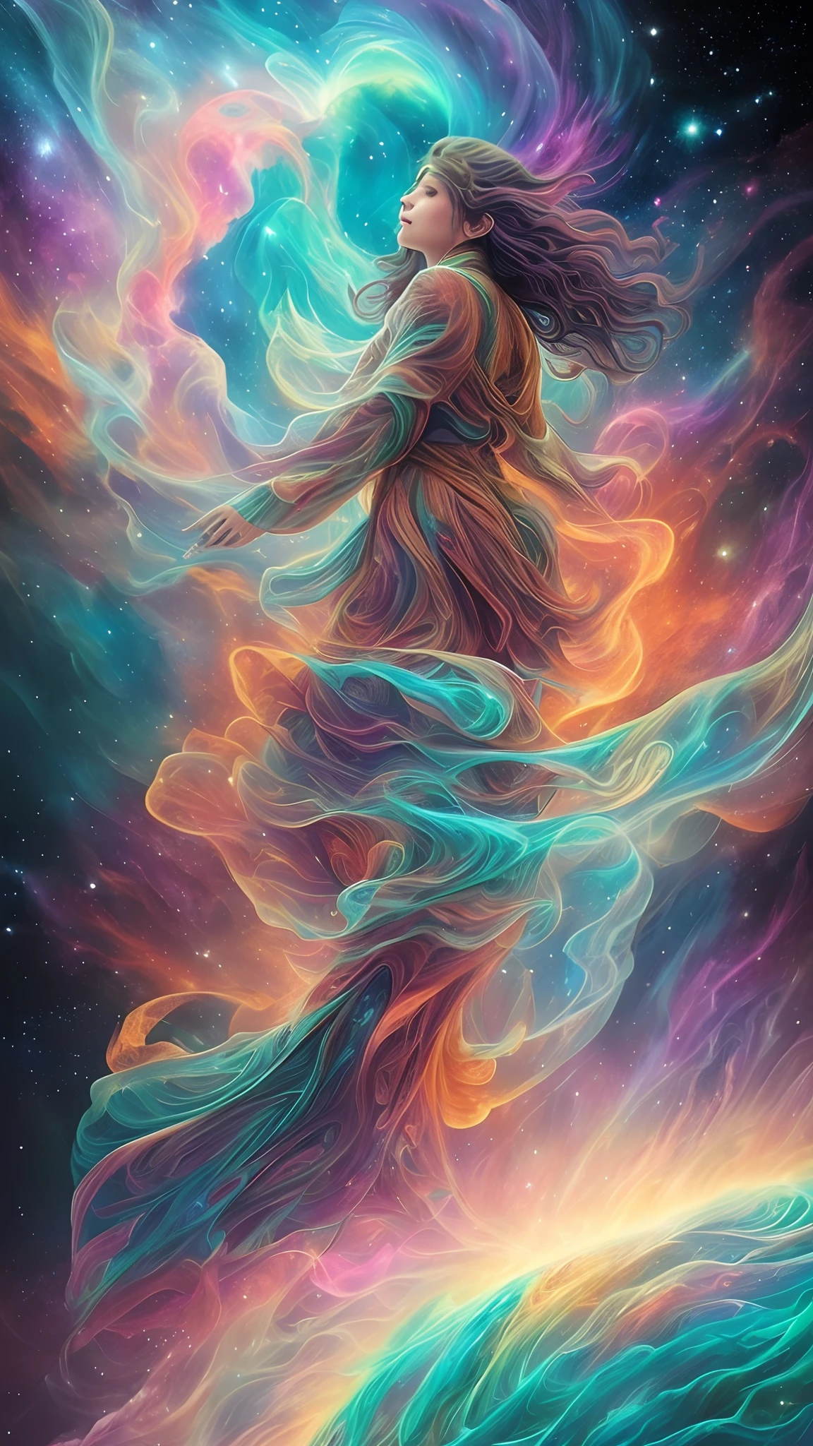 A woman in a flowing dress is flying through the air - SeaArt AI