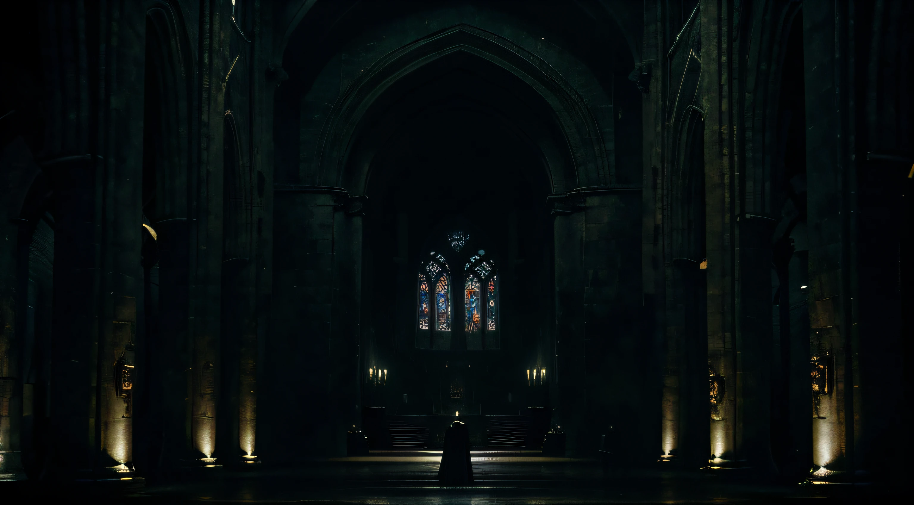 A dimly lit church with a person standing in the middle of the aisle ...