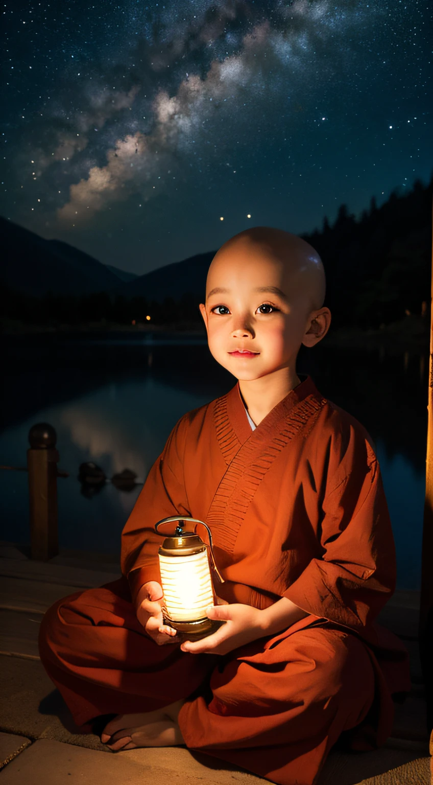 A young monk holding a candle in front of a lake - SeaArt AI