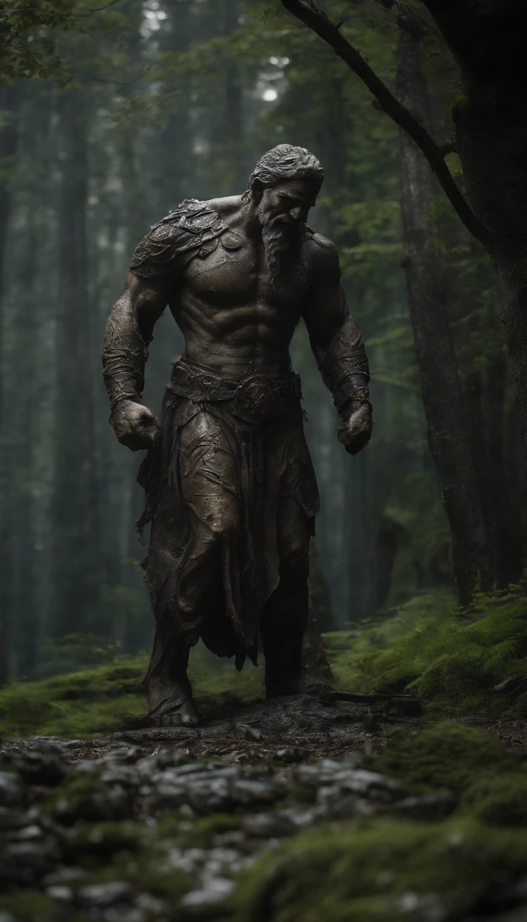 A man in a forest with a large body and a large head - SeaArt AI