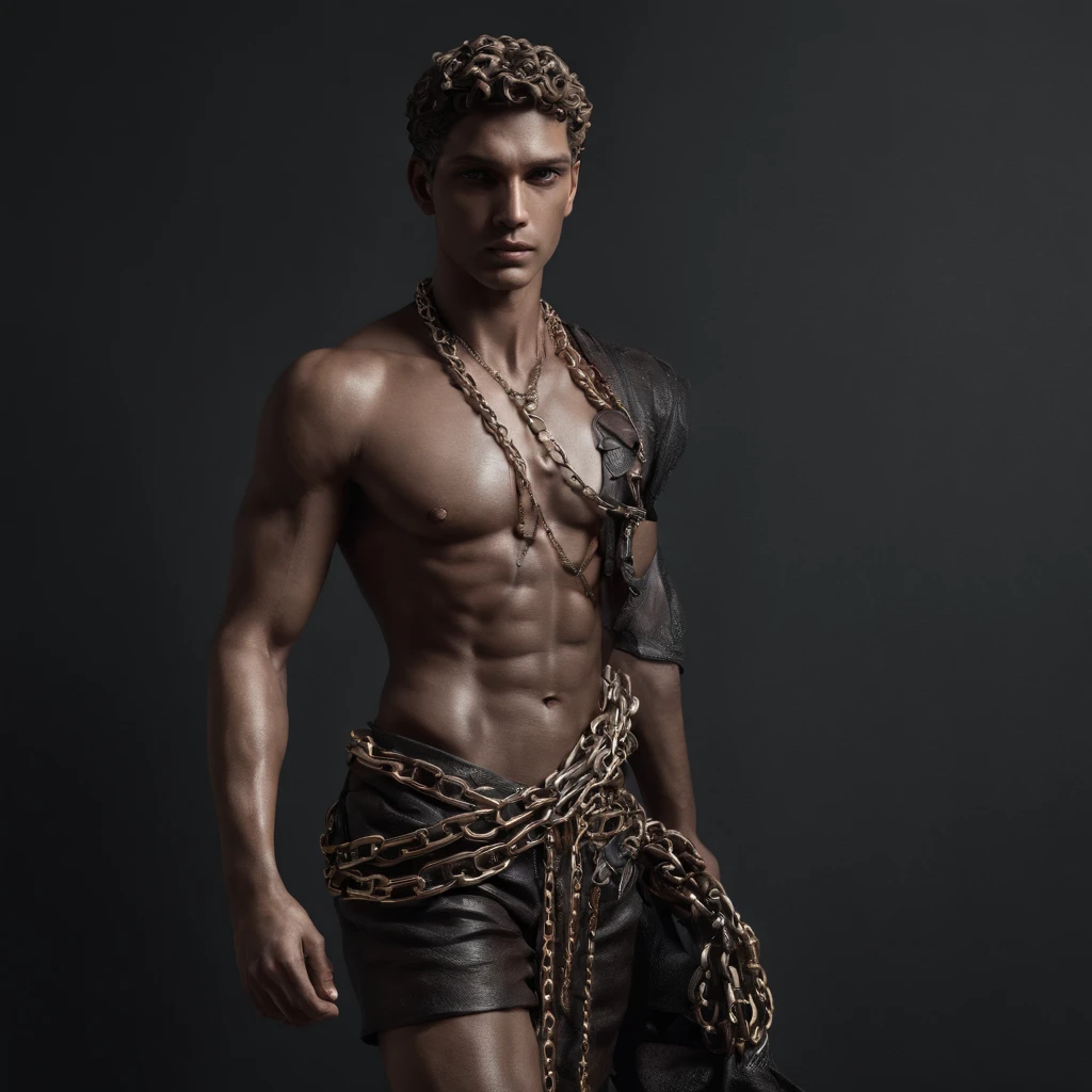 A close up of a man in a leather outfit with chains around his waist ...