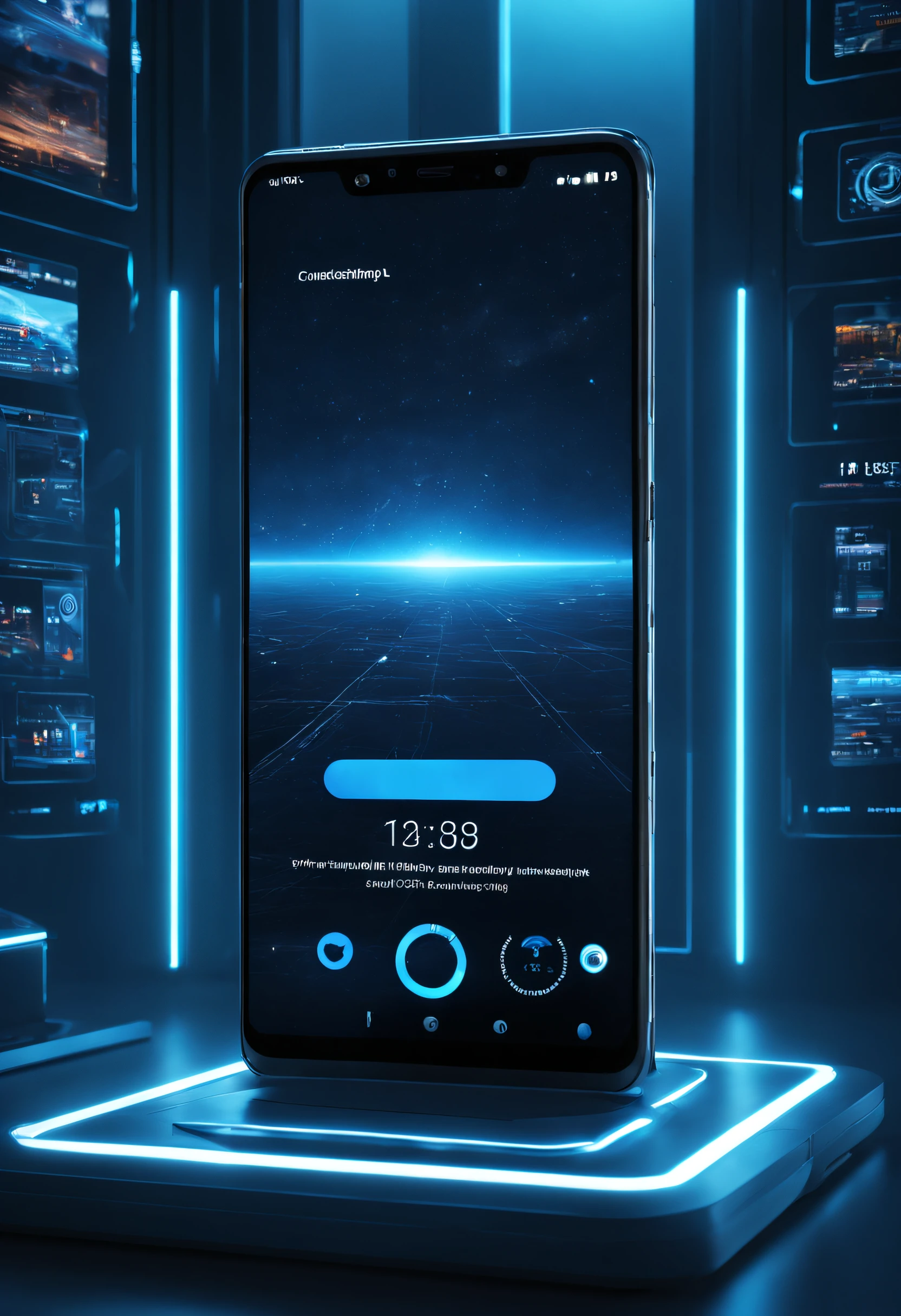 A close up of a phone with a futuristic display on the screen - SeaArt AI