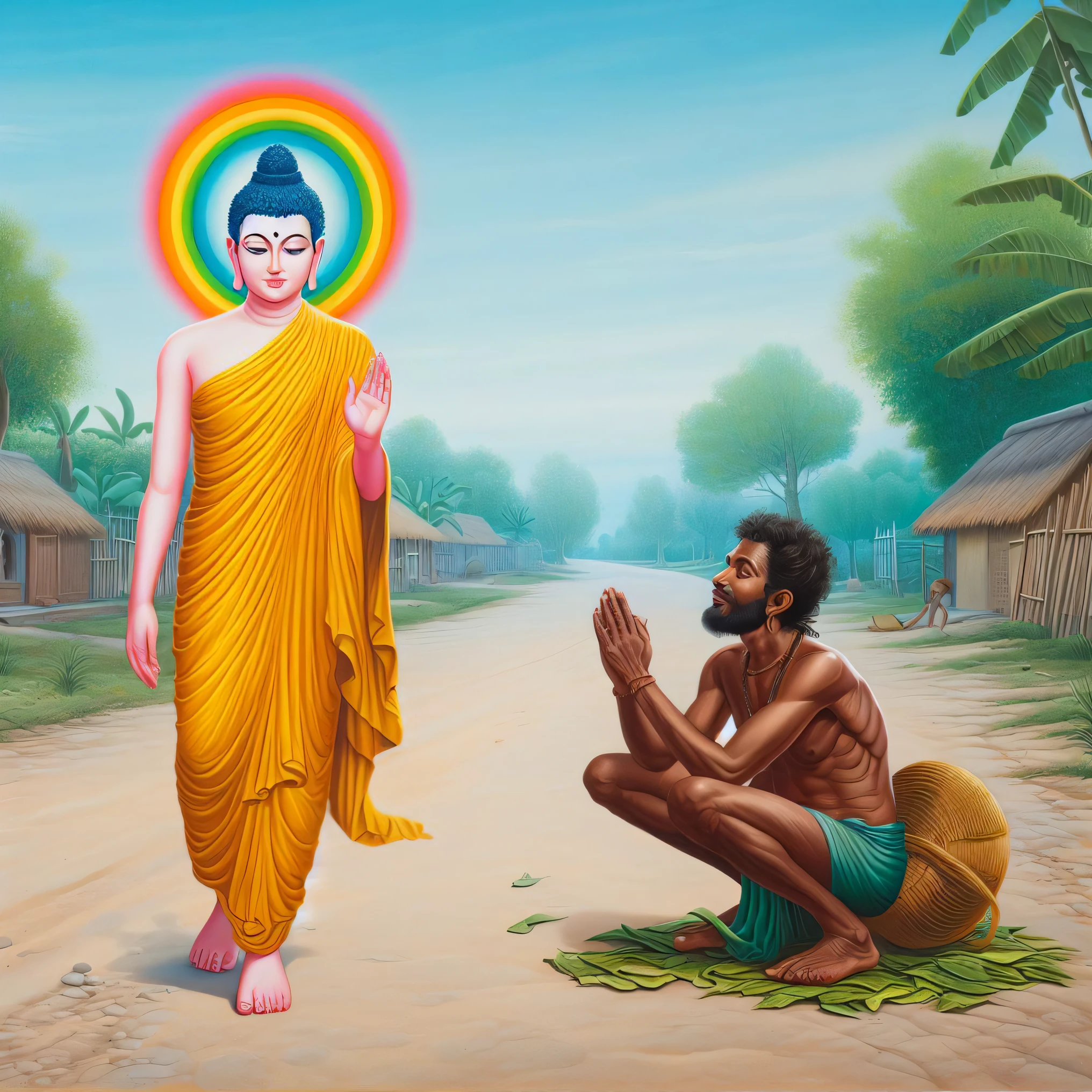 A painting of a man kneeling down next to a man in a yellow robe ...