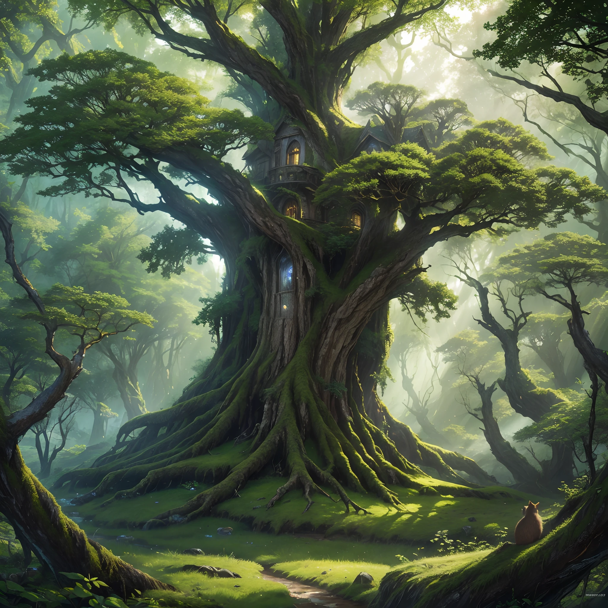 A tree house in the middle of a forest with a path - SeaArt AI