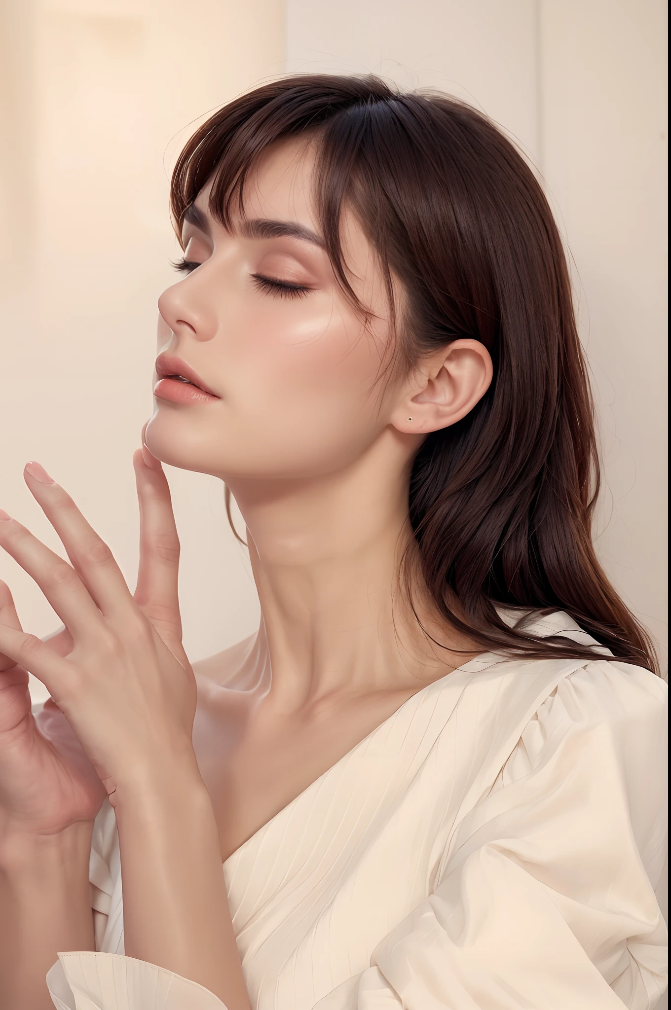 A woman with long hair and a white dress holding her hands up - SeaArt AI