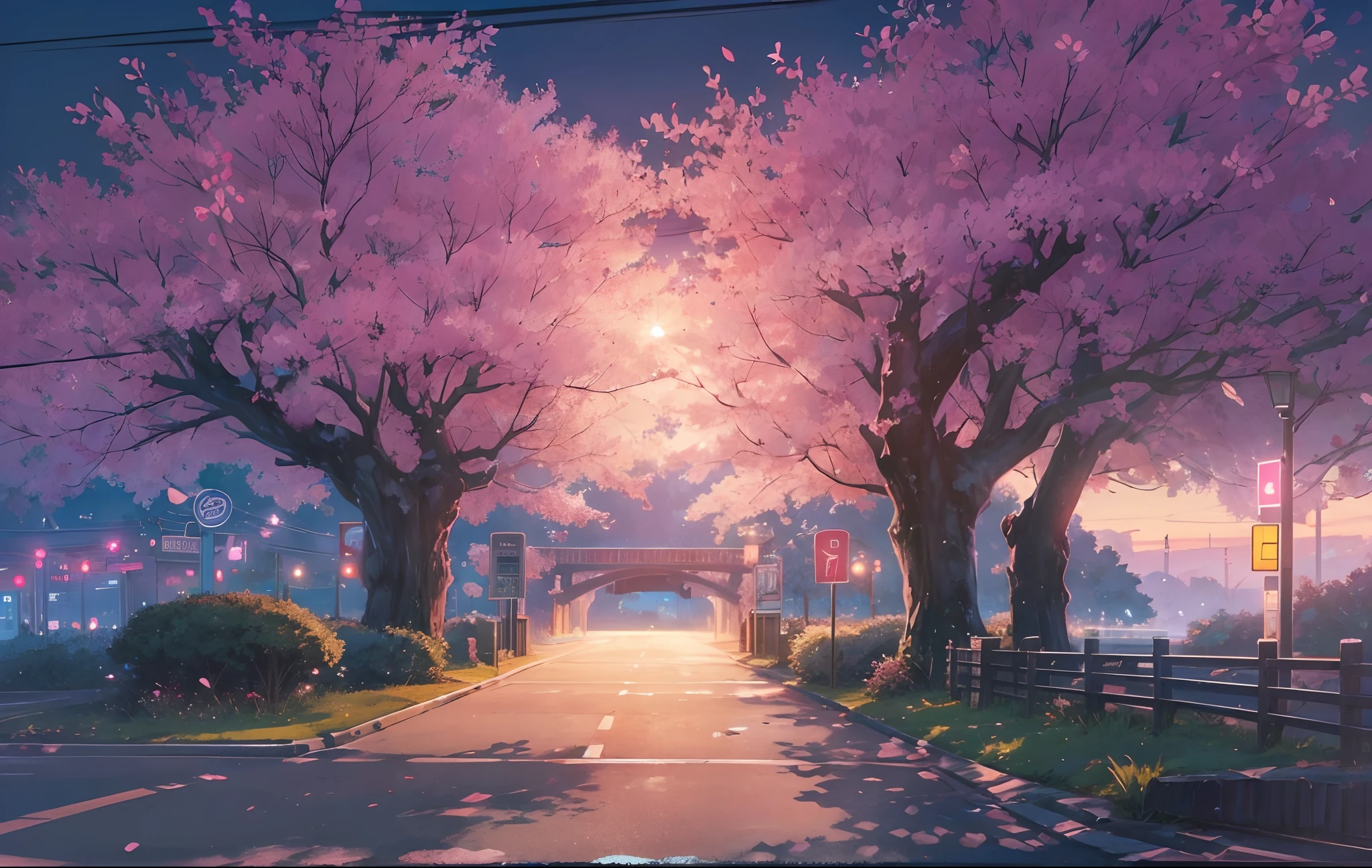 Anime scenery of a street with trees and a gate - SeaArt AI
